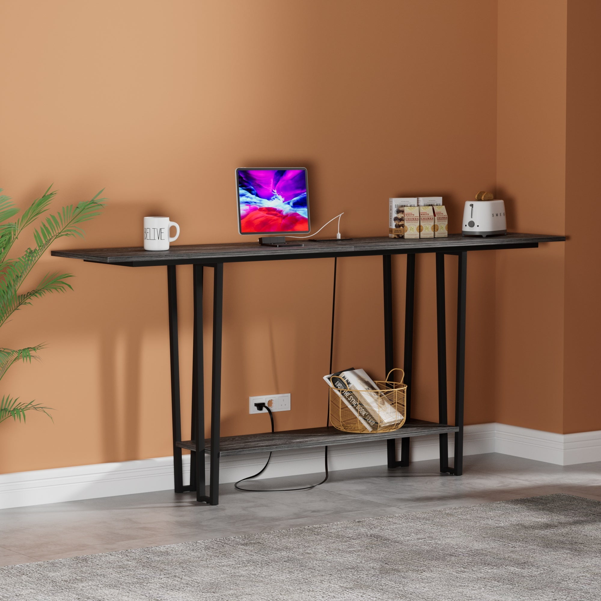 VECELO 55.1" Console Table with Charging Station, Industrial Sofa Table ...