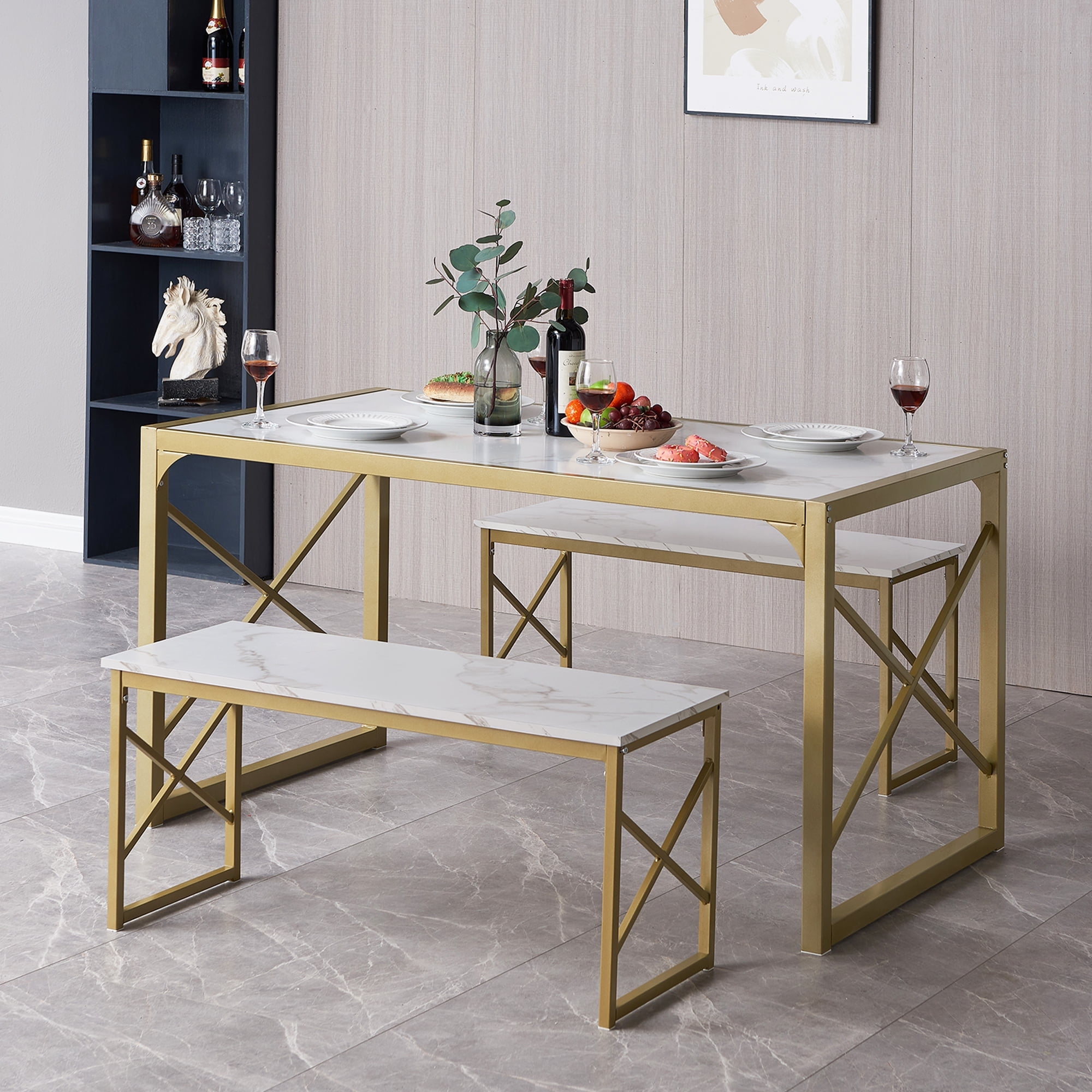 "VECELO 55"" Kitchen-Dining Room 3-Piece Set with 2 Benches, Gold Metal ...