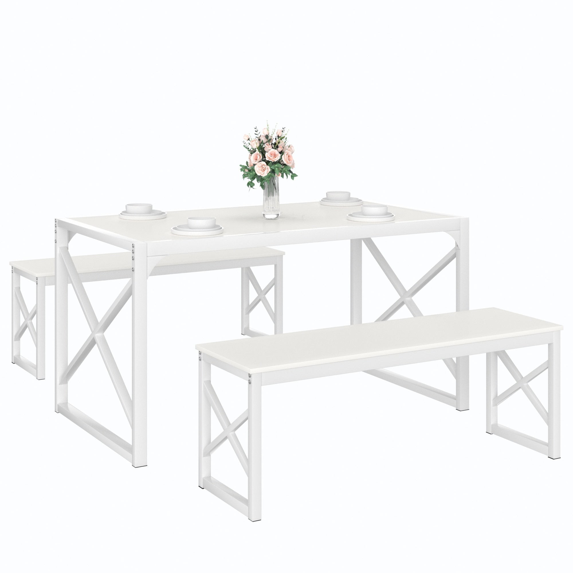 VECELO 55" Dining Table Sets with Benches, Modern Industrial 3-Piece ...