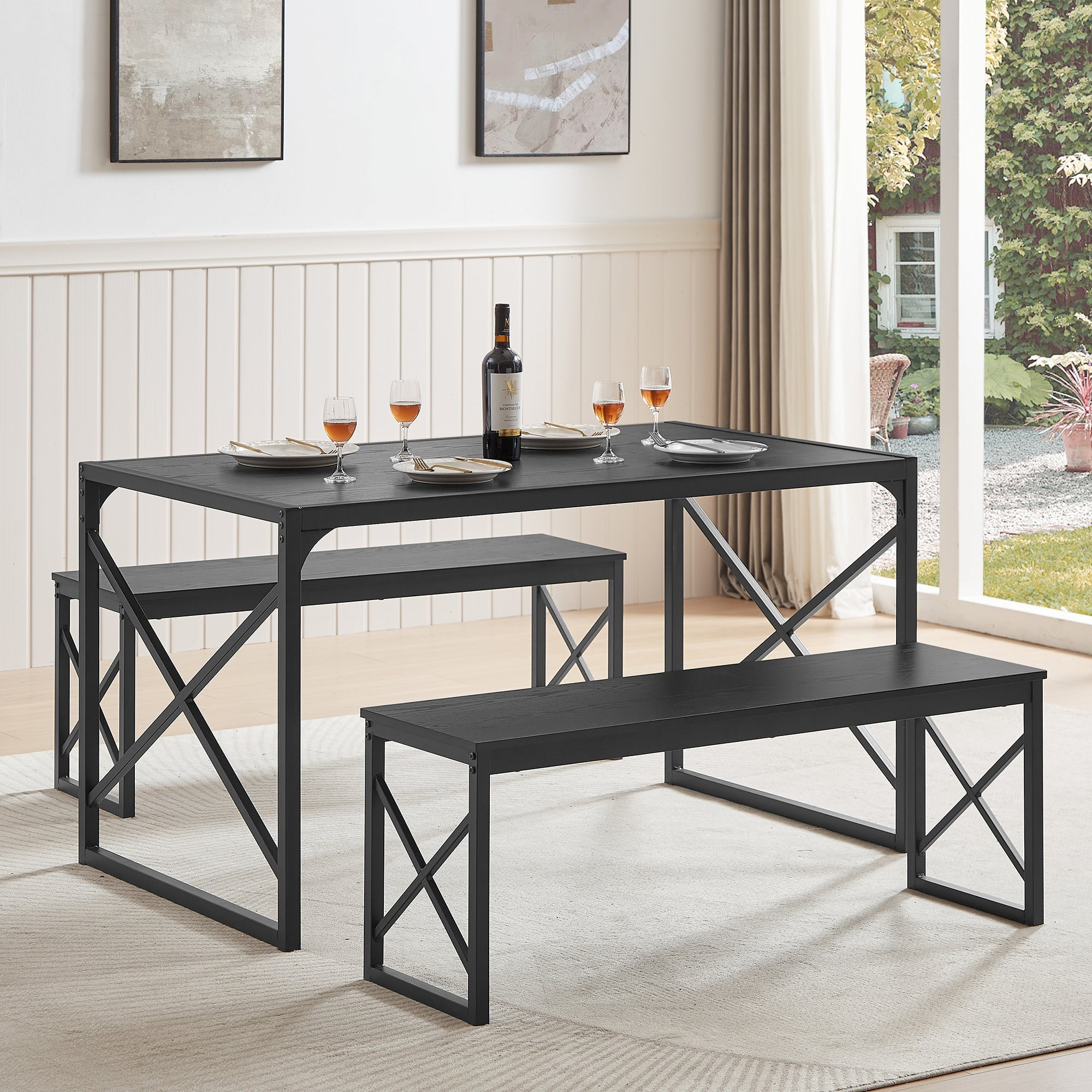 VECELO 55" Dining Table Sets with Benches, Modern Industrial 3-Piece ...