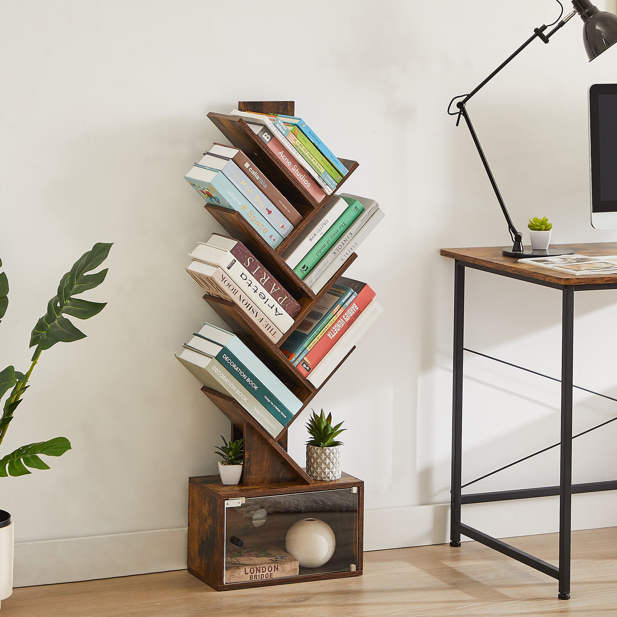 VECELO 6-Tier Tree Bookshelf, Floor Standing Bookcase with Drawer ...