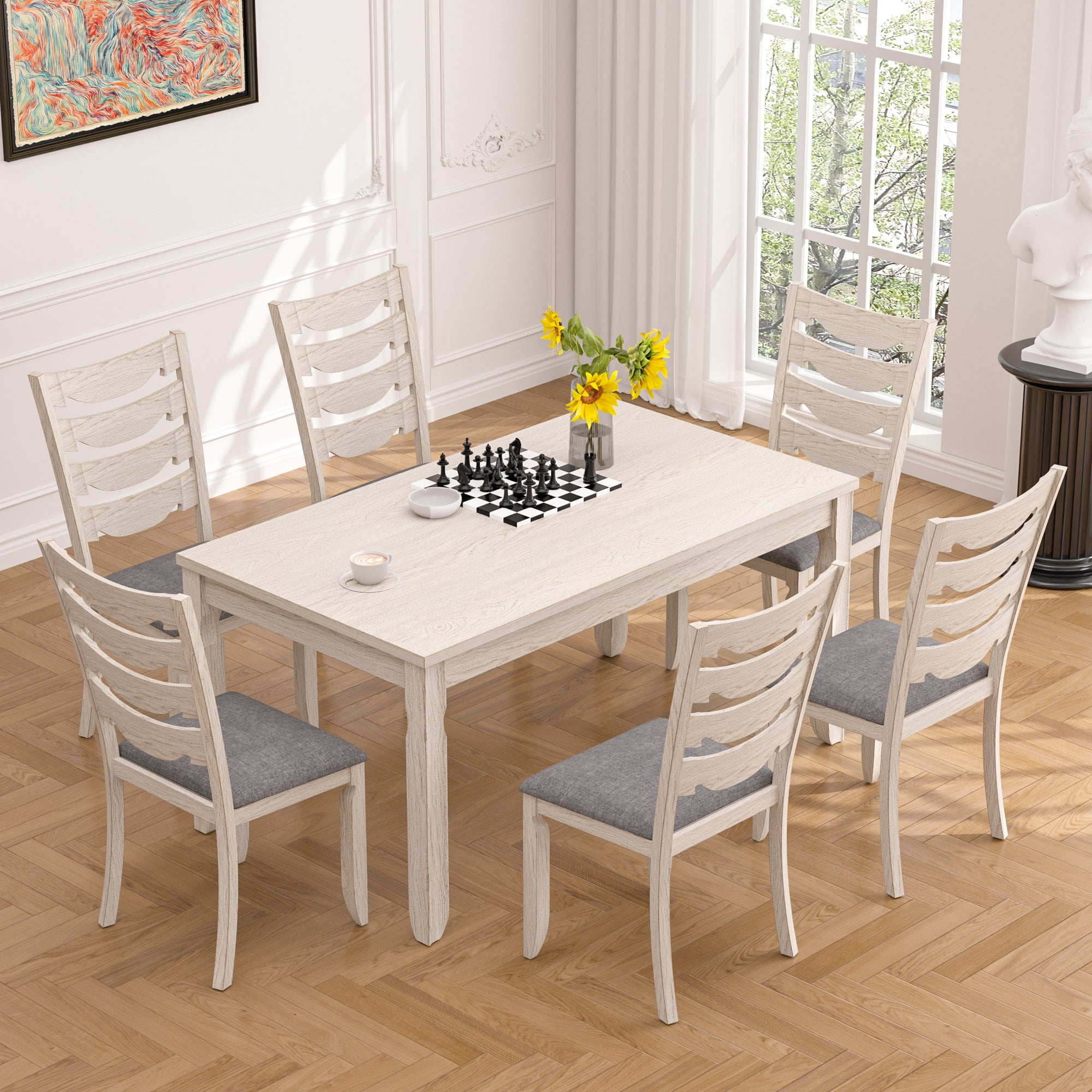 VECELO 63" Rectangle Table Kitchen Table Set for 6 People, 7-Piece ...
