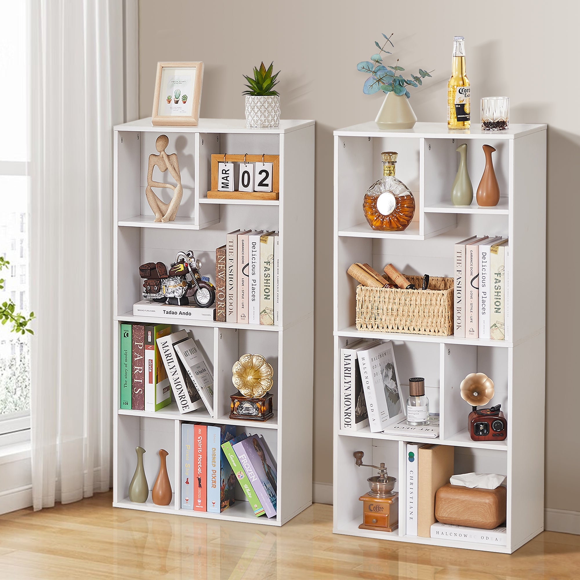 VECELO 7 Cubes Bookcase Set of 2, Modern 4-Tier Storage Organizer ...