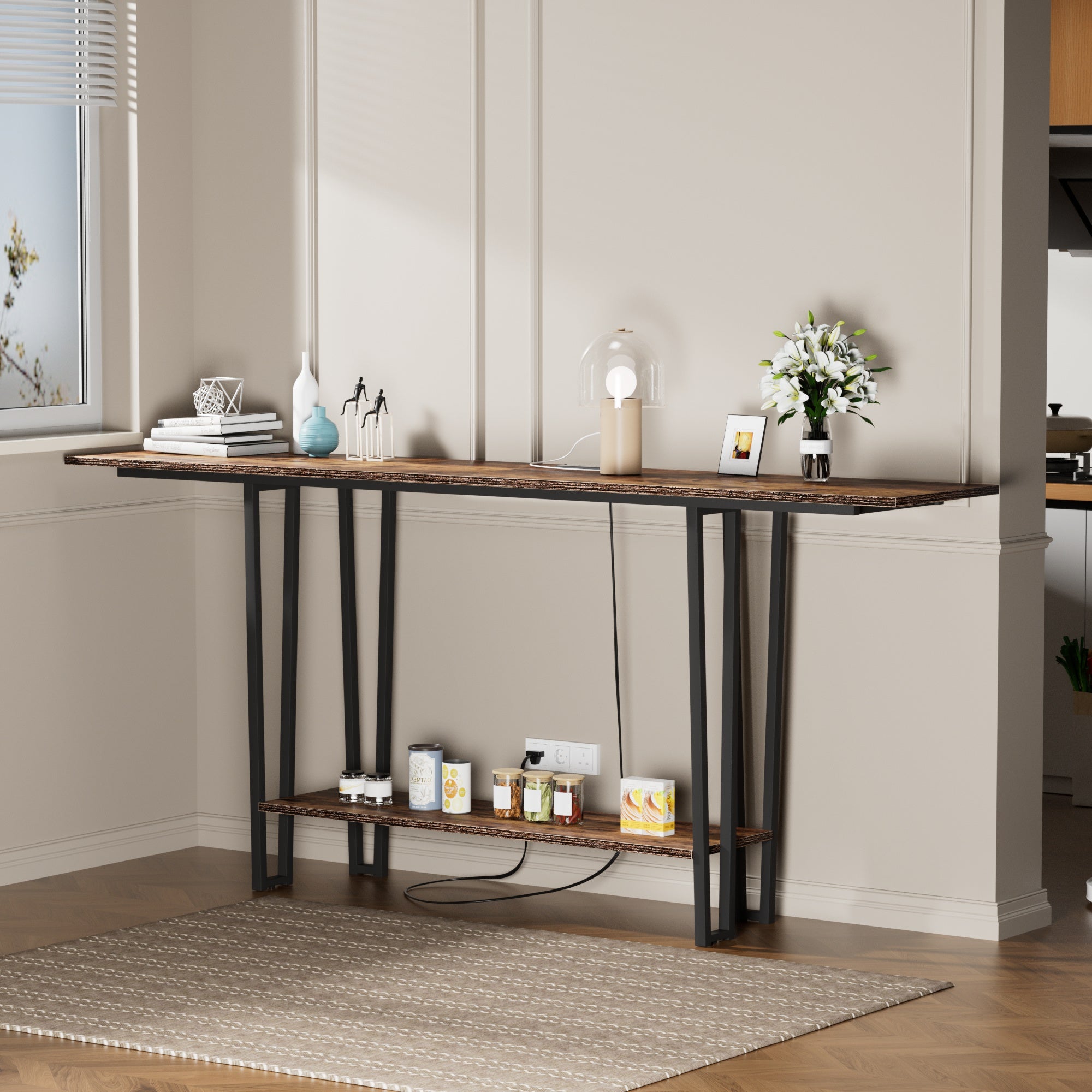 VECELO 70.8" Console Table with Charging Station, Industrial Sofa Table ...