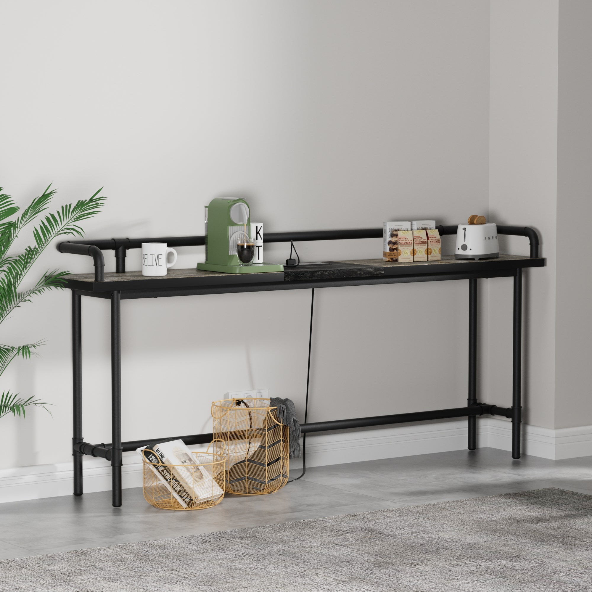 VECELO 70.9" Console Table with 2 Outlet and 2 USB Ports, Narrow Long ...