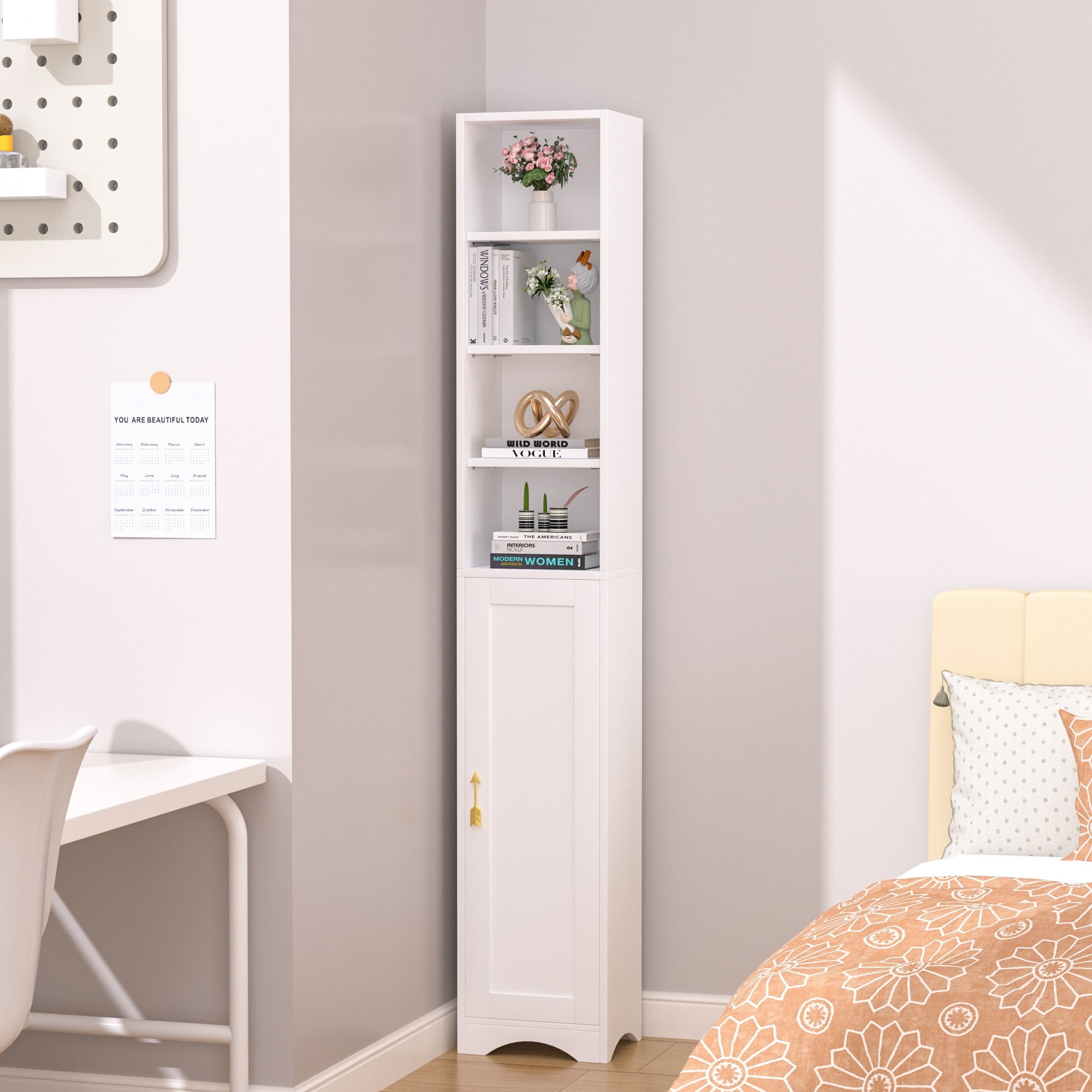 VECELO 71" Tall Narrow Bookcase with Doors, Freestanding Small Corner ...