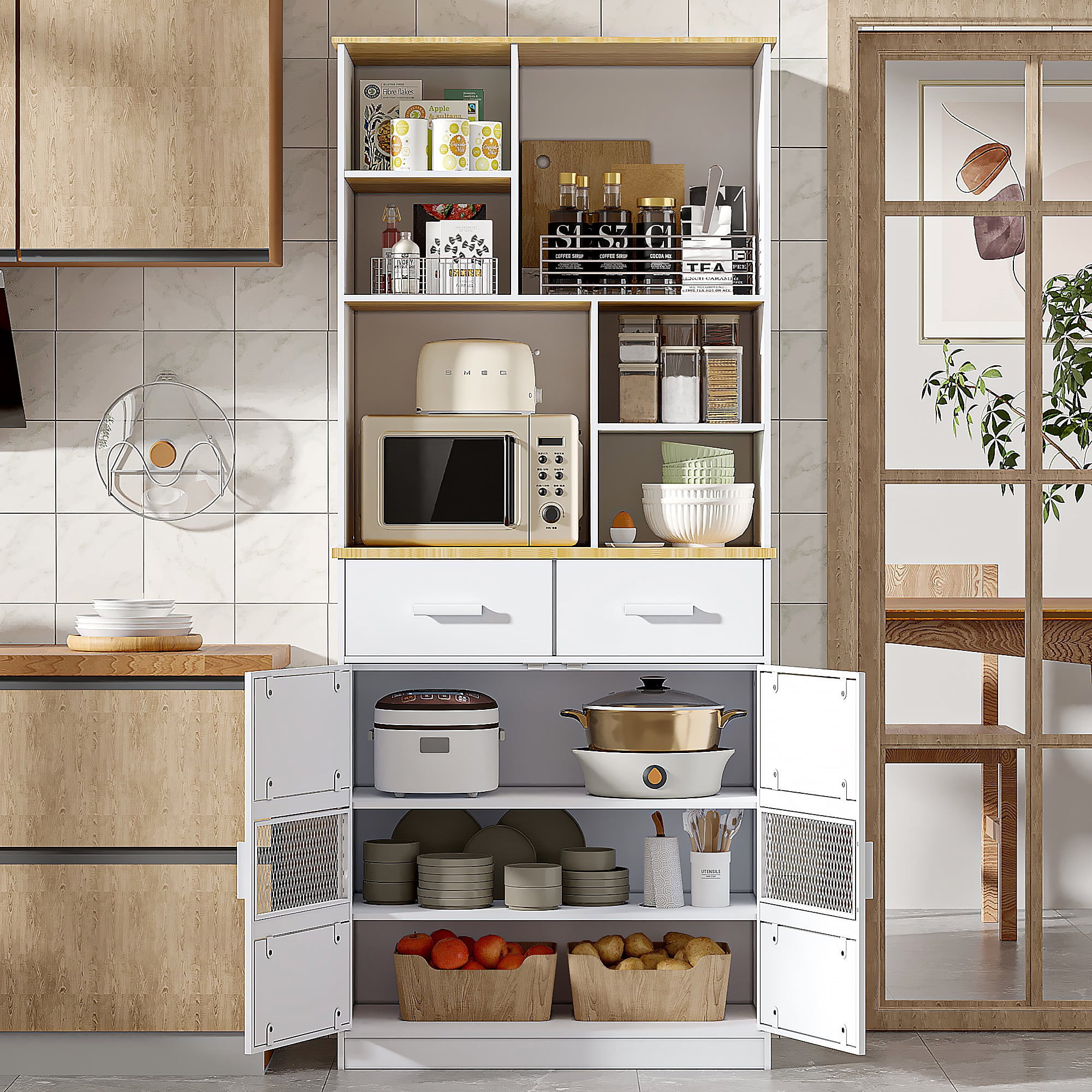 VECELO 72.4"H Tall Kitchen Pantry with Drawers and Doors, Modern Large ...