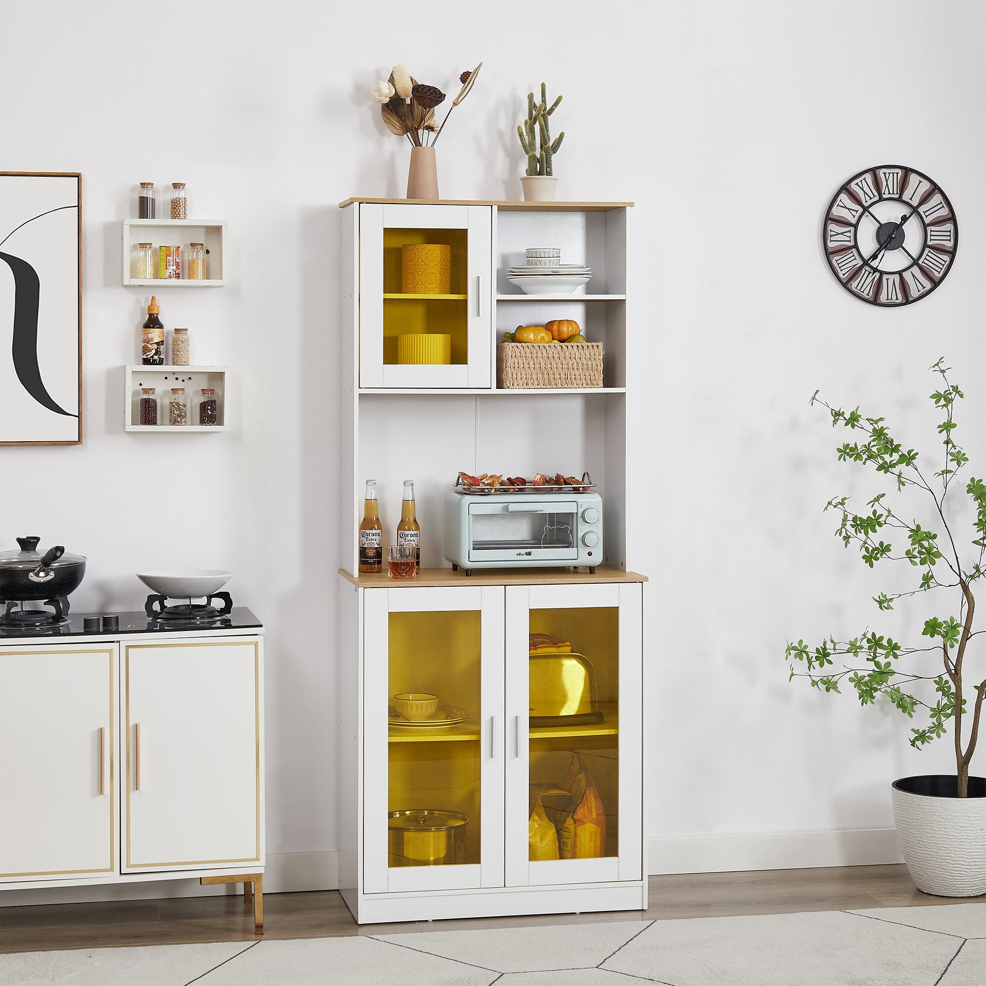 VECELO 72" Kitchen Pantry Cabinet, Freestanding Hutch with Doors and ...