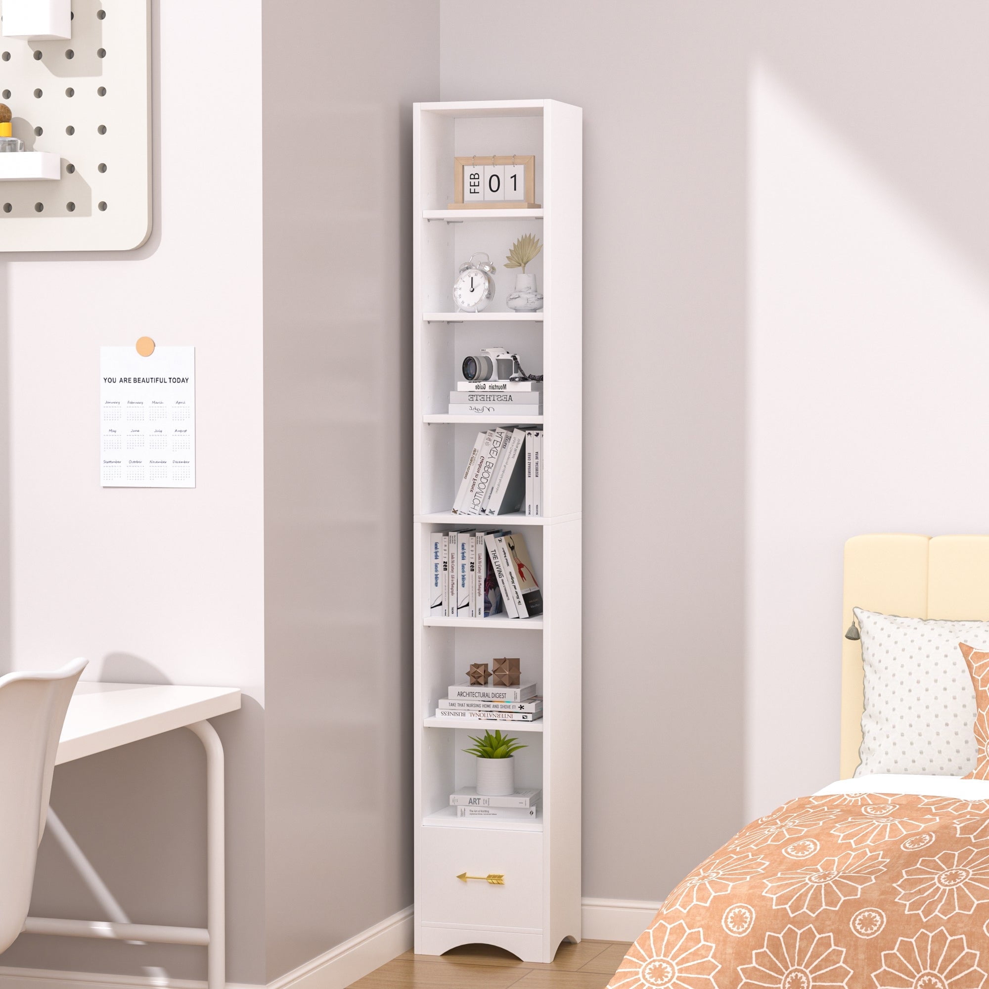 VECELO 8-shelf Narrow Bookcase, 71 in Tall Small Bookshelf with Drawer ...