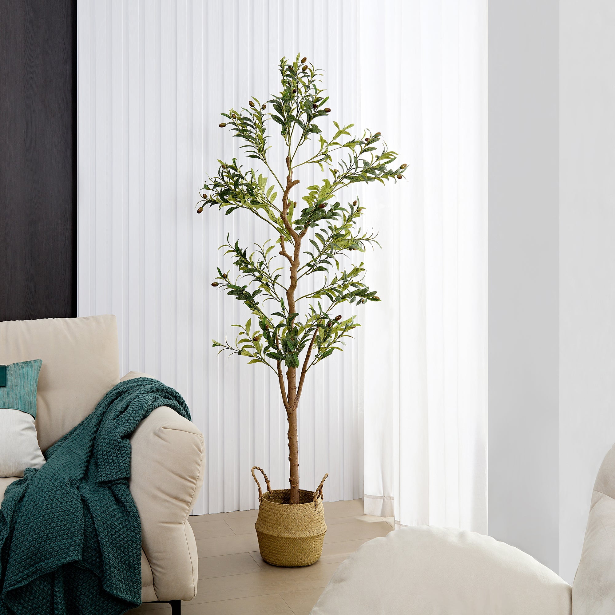 VECELO Artificial Olive Tree 5FT Tall Potted Decorative Faux Silk Olive Tree for Home Office ...