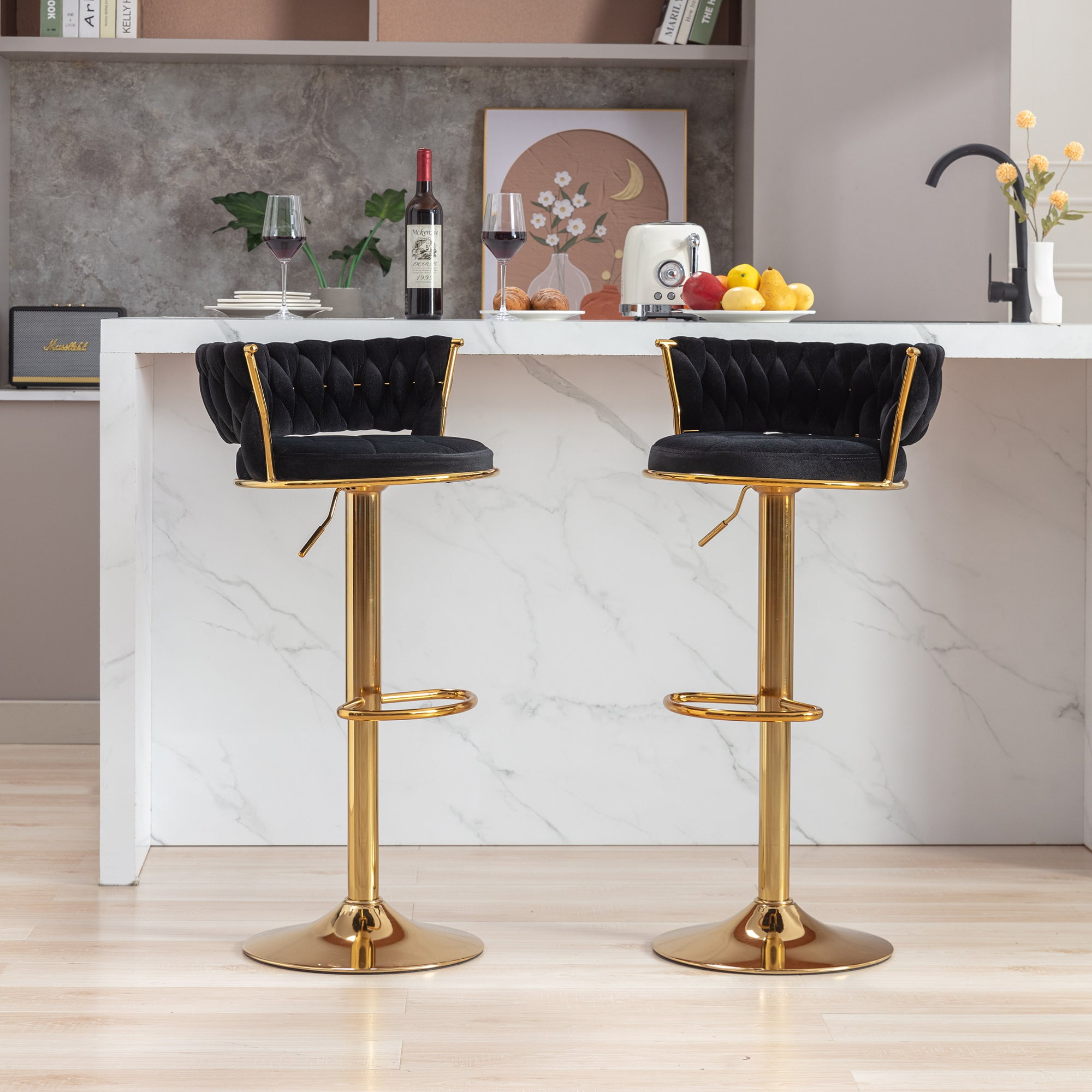 VECELO Bar Stools Set of 2, Modern Velvet Barstool with Woven Back ...