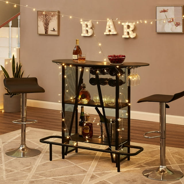 VECELO Bar Unit with Metal Mesh Front, 3 Tier Bar Table with Wine Rack ...