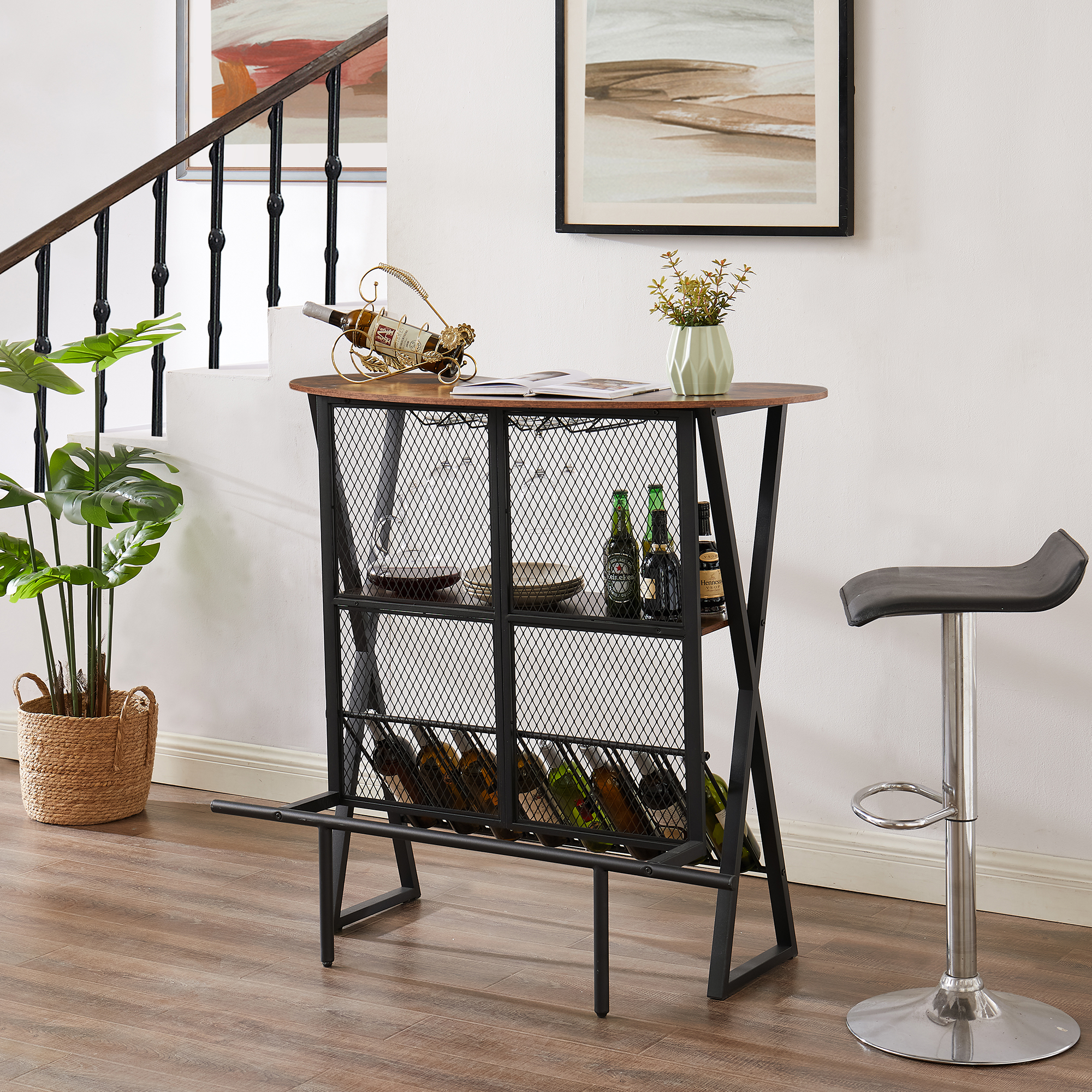 VECELO Bar Unit for Liquor with Metal Mesh Front, 2 Tier Bar Table with ...