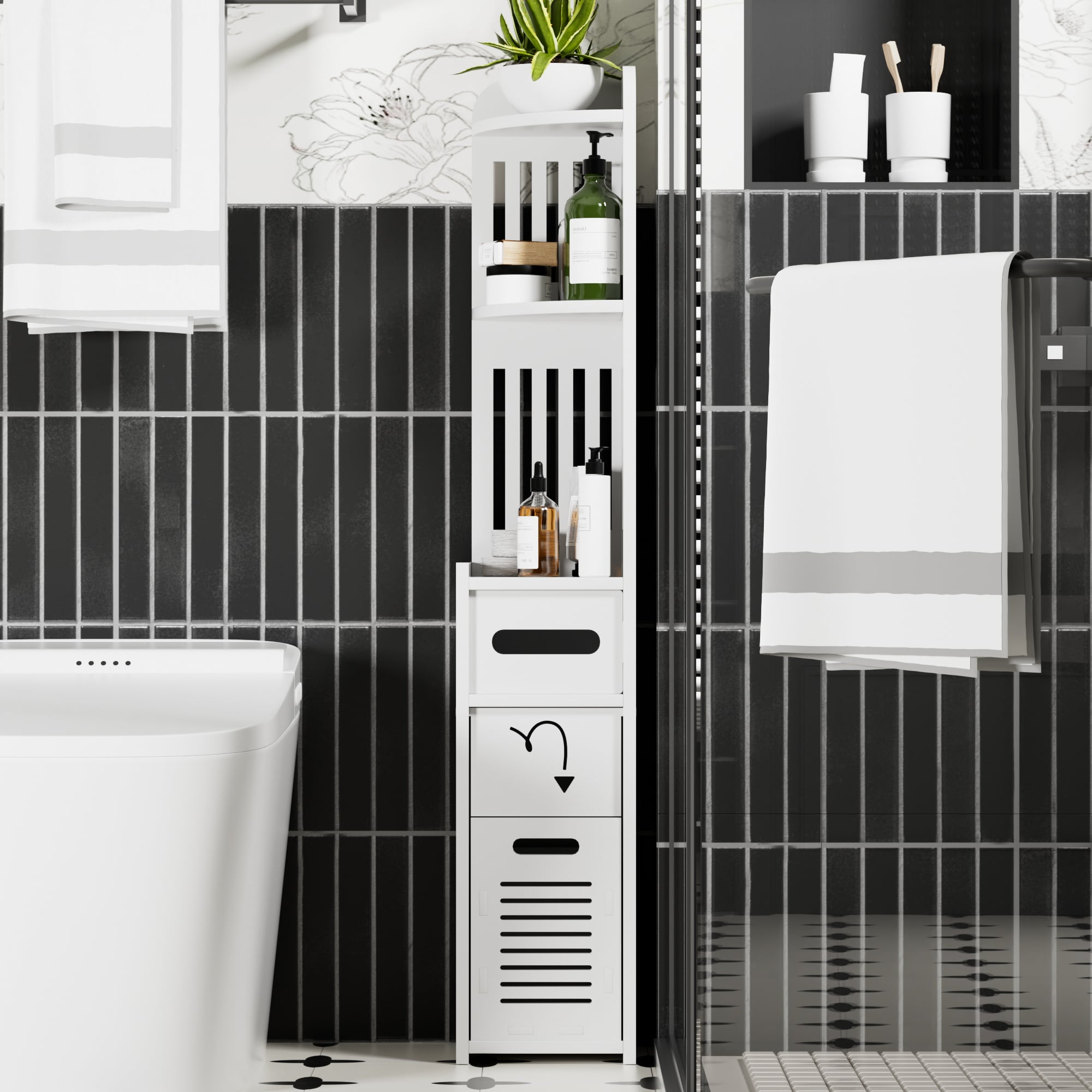 VECELO Bathroom Storage Cabinet, Small Corner Cabinet with Trash Bucket ...