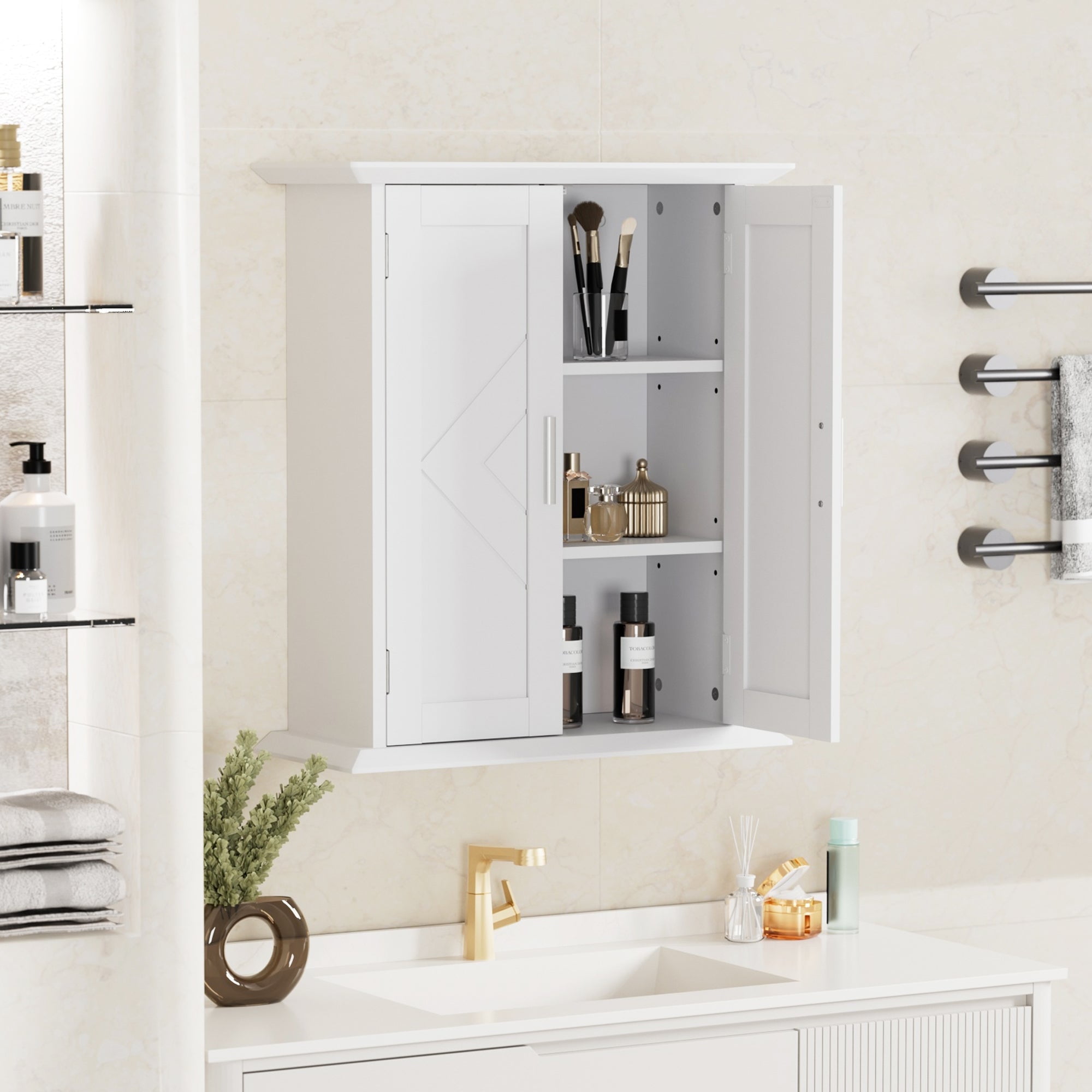 VECELO Bathroom Wall Cabinet, Wooden Cabinet Wall Mount with 2 Doors ...