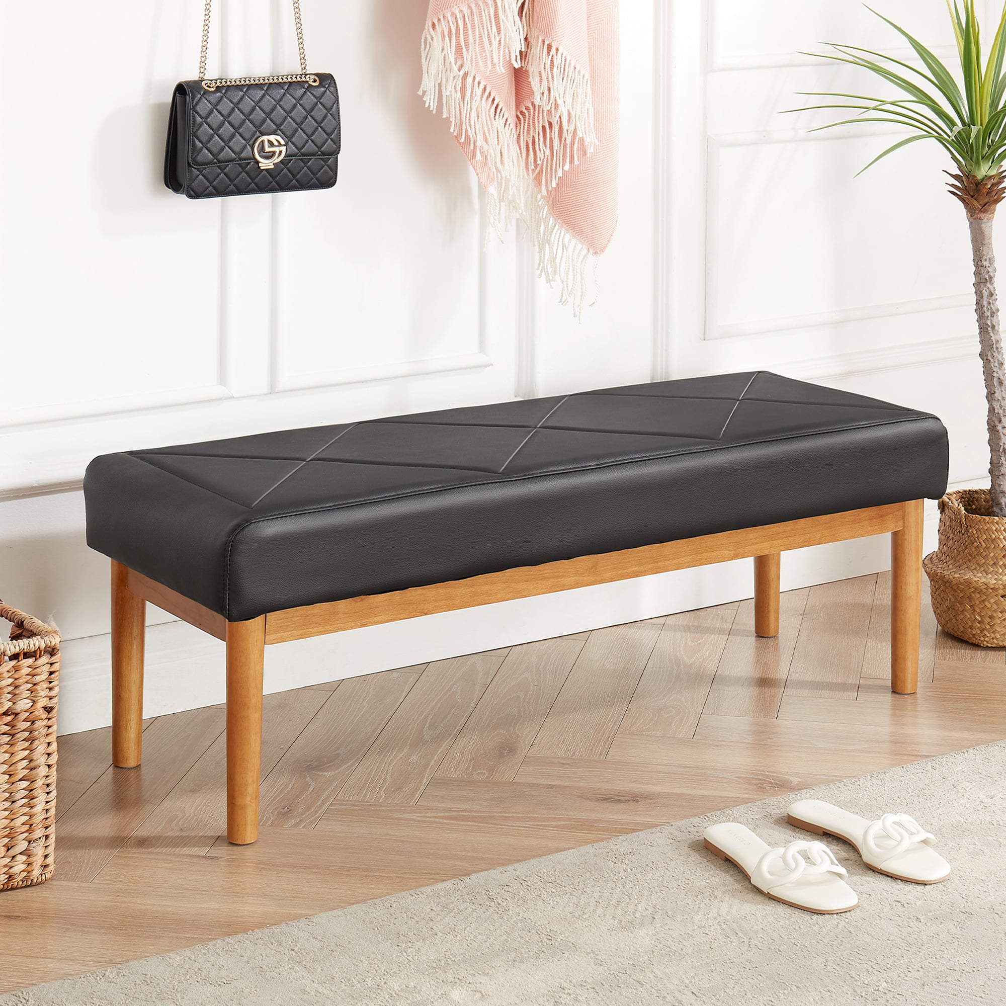 VECELO Entryway Bench, Modern Upholstered Ottoman Seats with Wood Legs ...