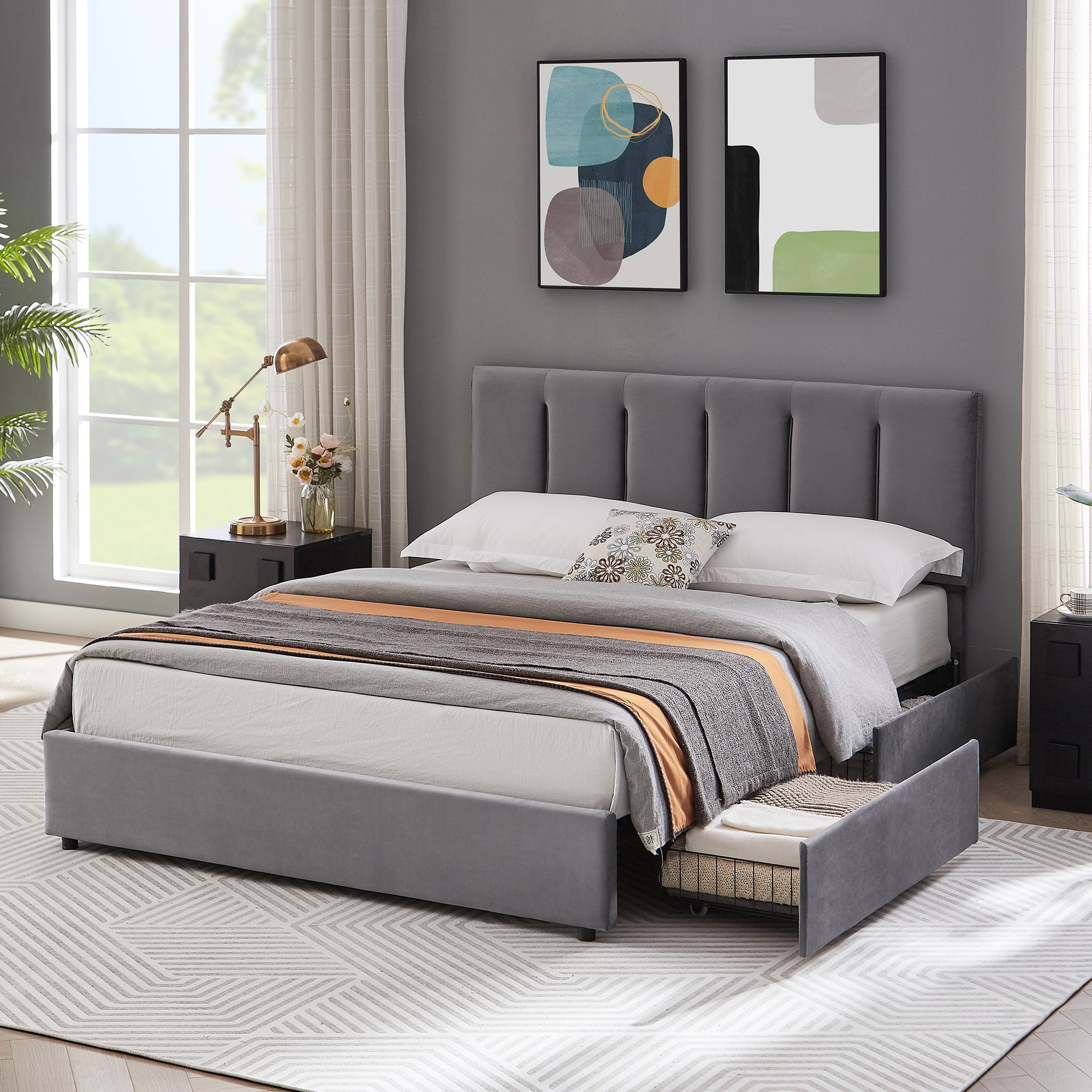 VECELO Bed Frame with 4 Storage Drawers, Full Size Upholstered Platform ...