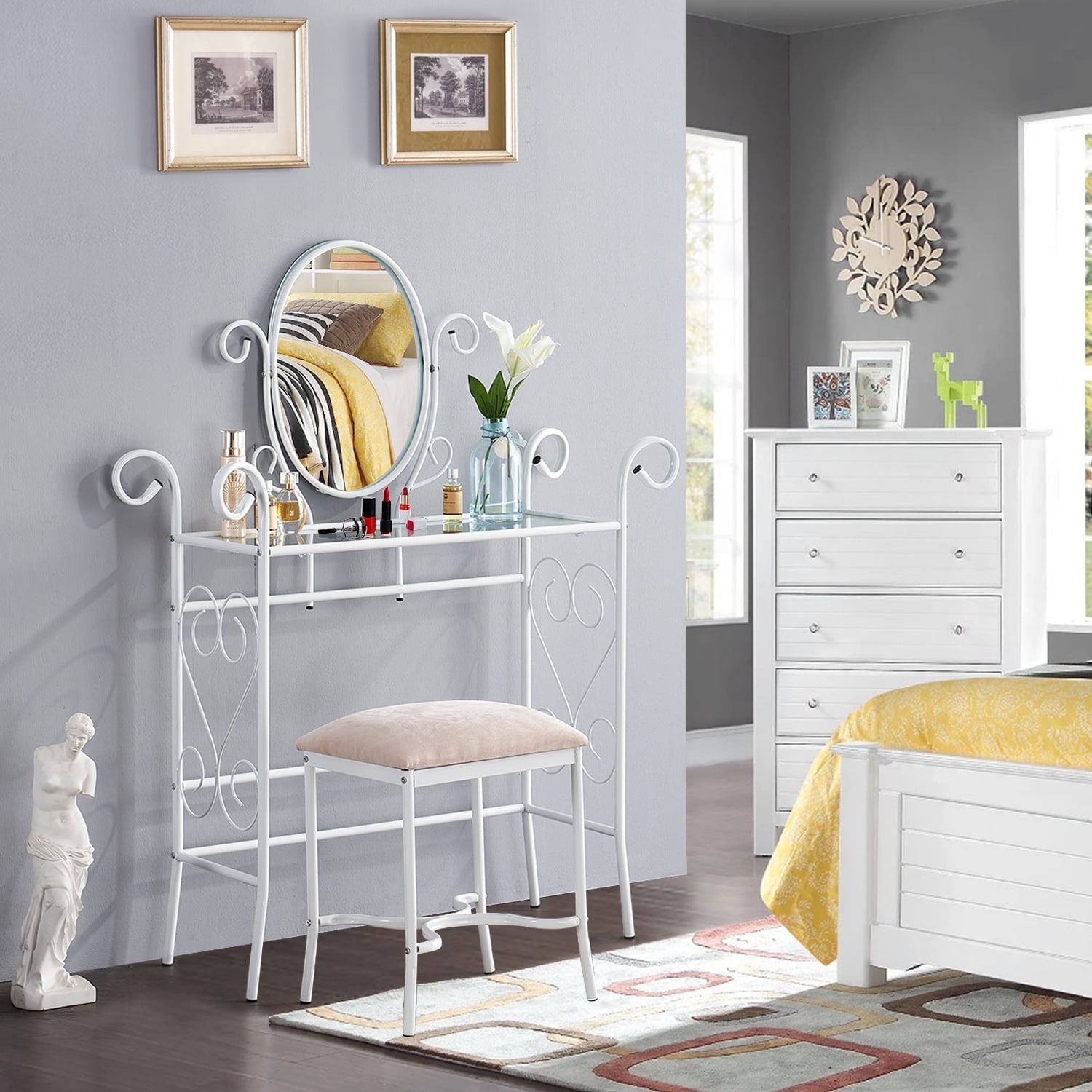VECELO Bedroom 2 Piece Metal Vanity Set with Mirror and Stool, White ...