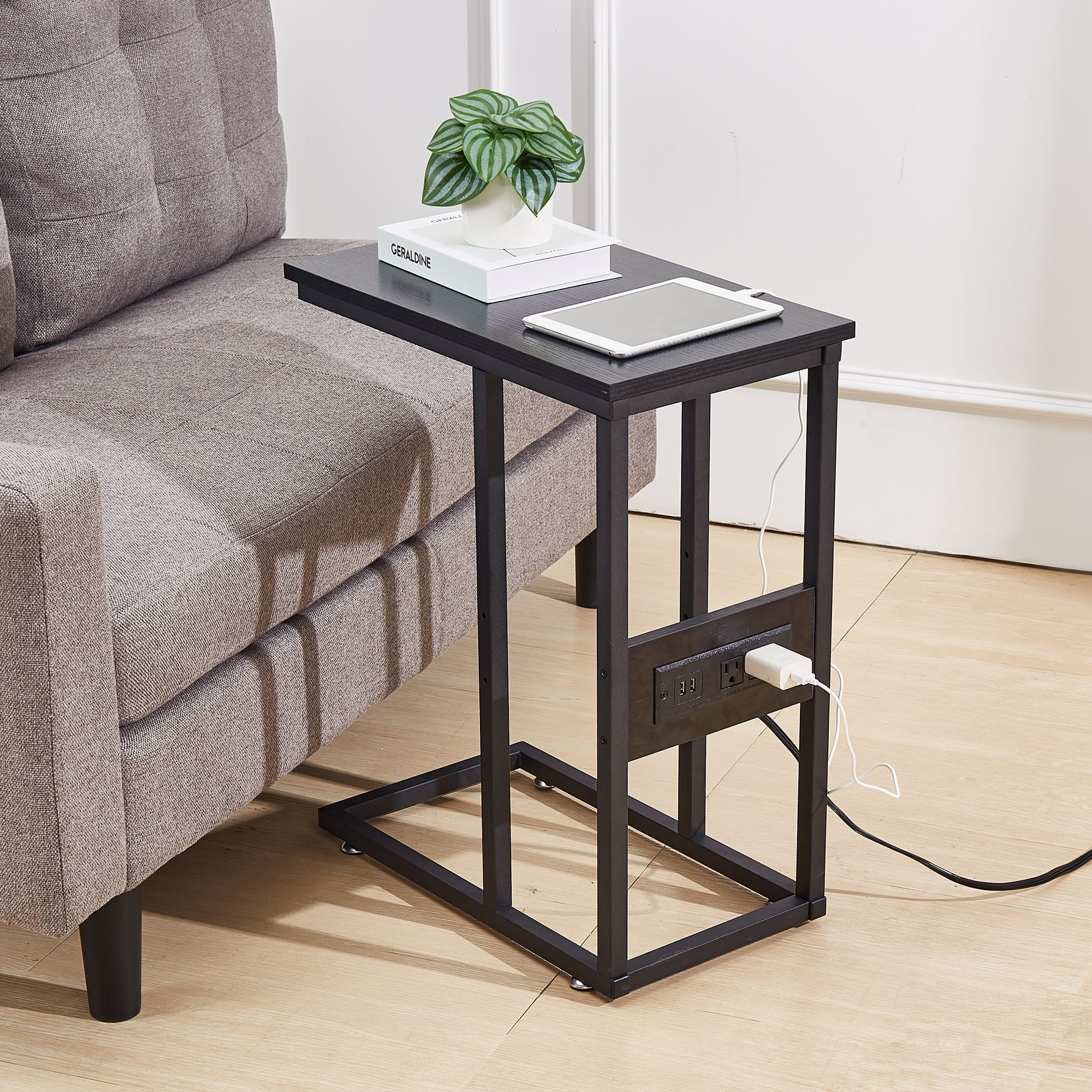 VECELO C Shaped End Table with Charging Station, Small Side Tables C ...