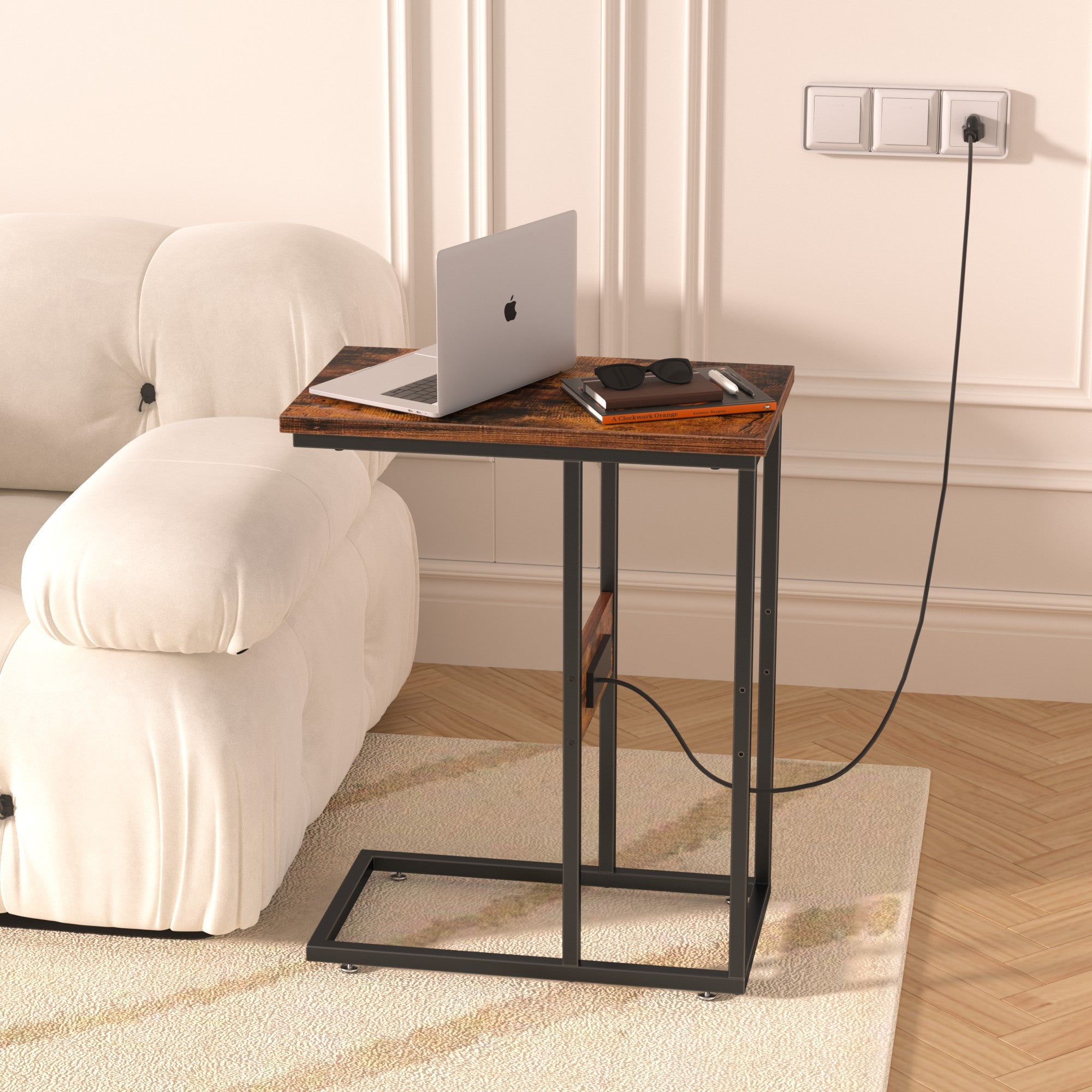 VECELO C Shaped End Table with Charging Station, Small Side Tables C ...