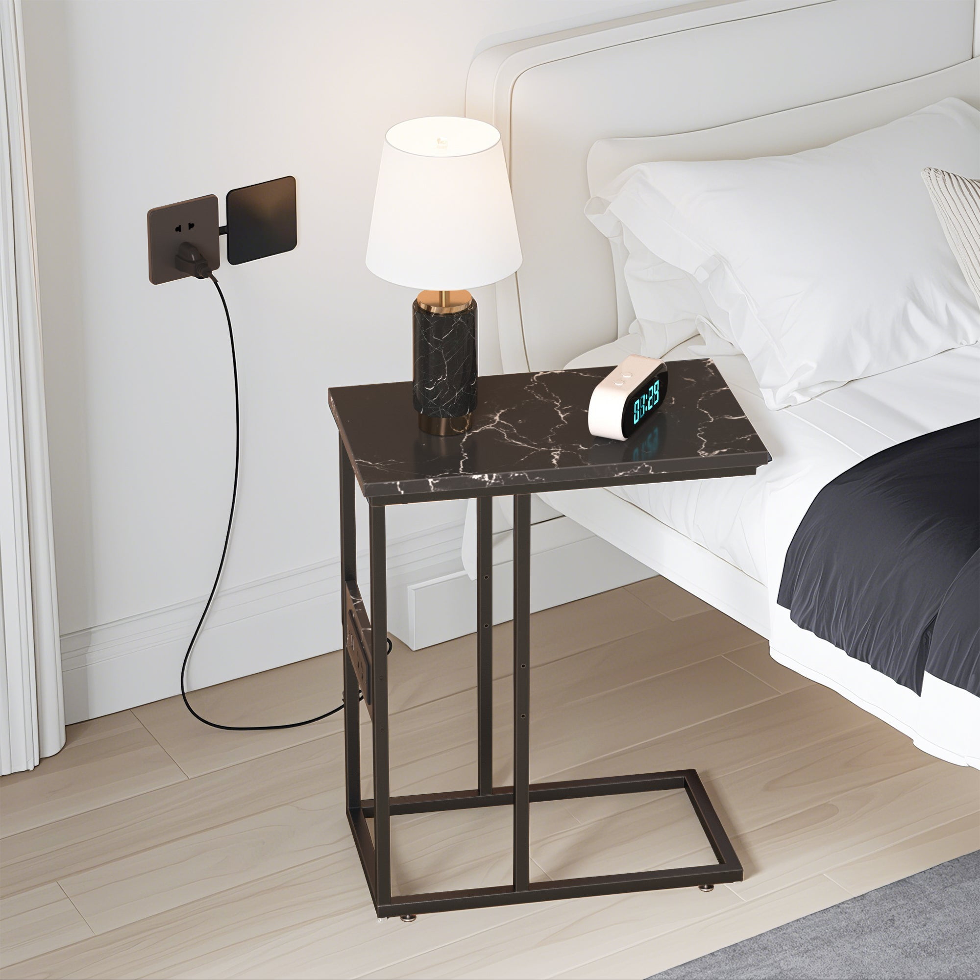 VECELO C Shaped End Table with Charging Station, Small Side Tables C ...