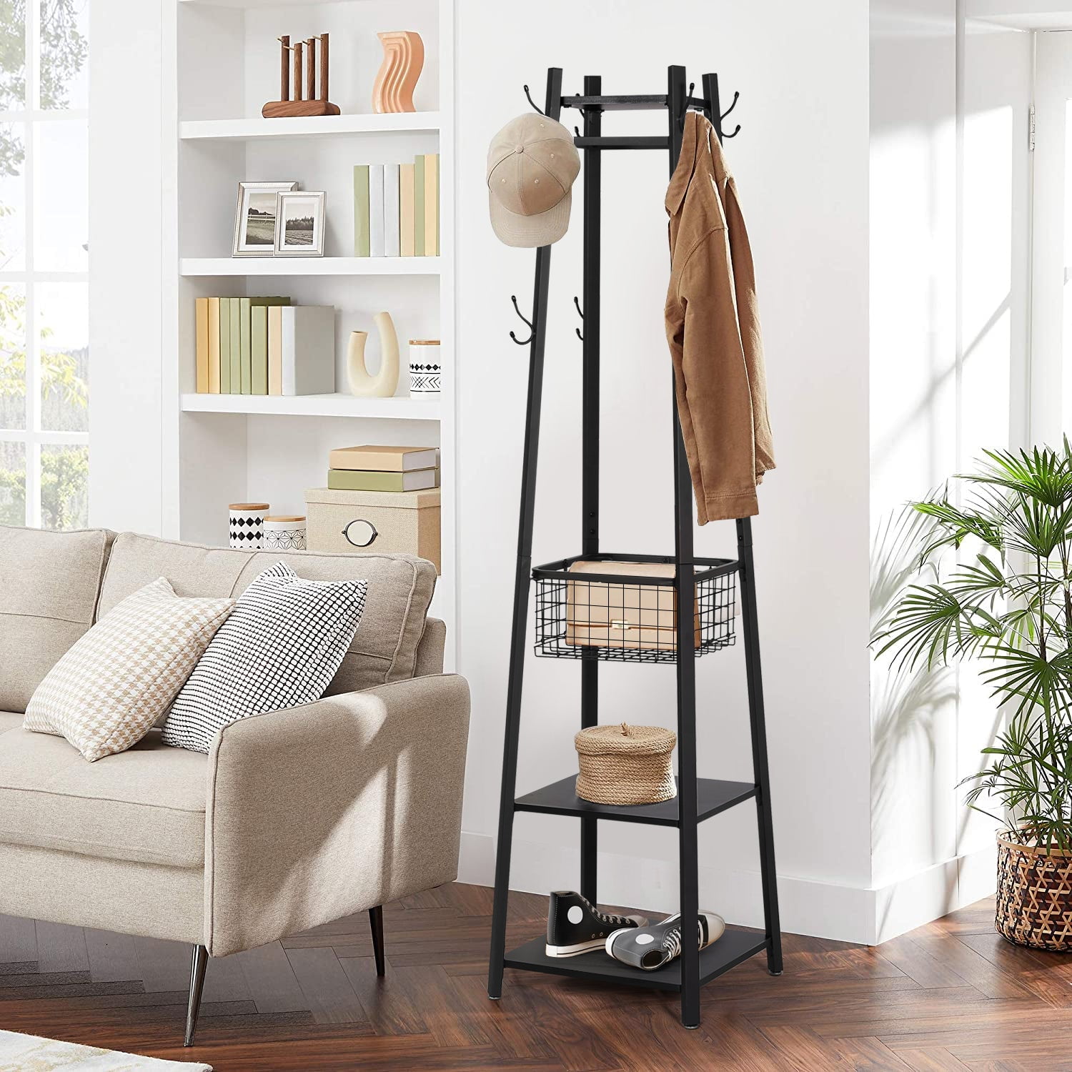 VECELO 2-Tier Coat Rack with Storage Shelf & 8 Dual Hooks, Freestanding ...