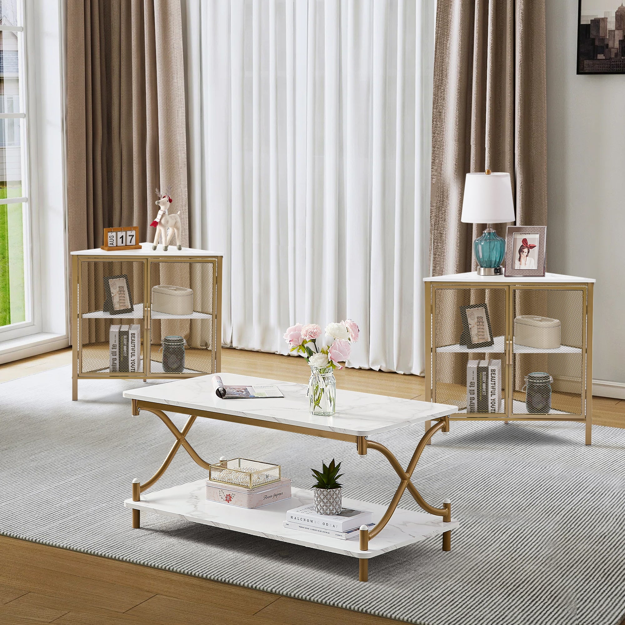 VECELO Coffee Table Set of 3 with Coffee Table and Corner Shelf, 3 ...