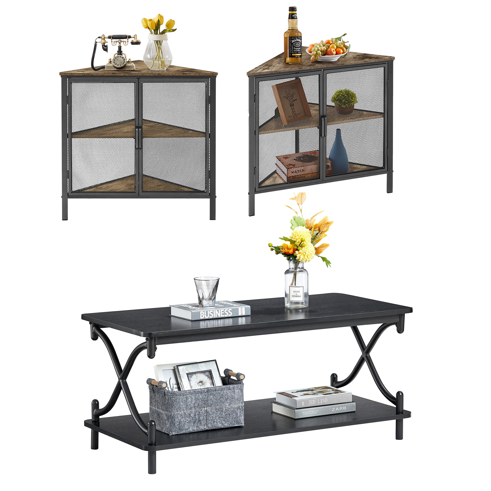 VECELO Coffee Table Set of 3 with Coffee Table and Corner Shelf, 3 ...