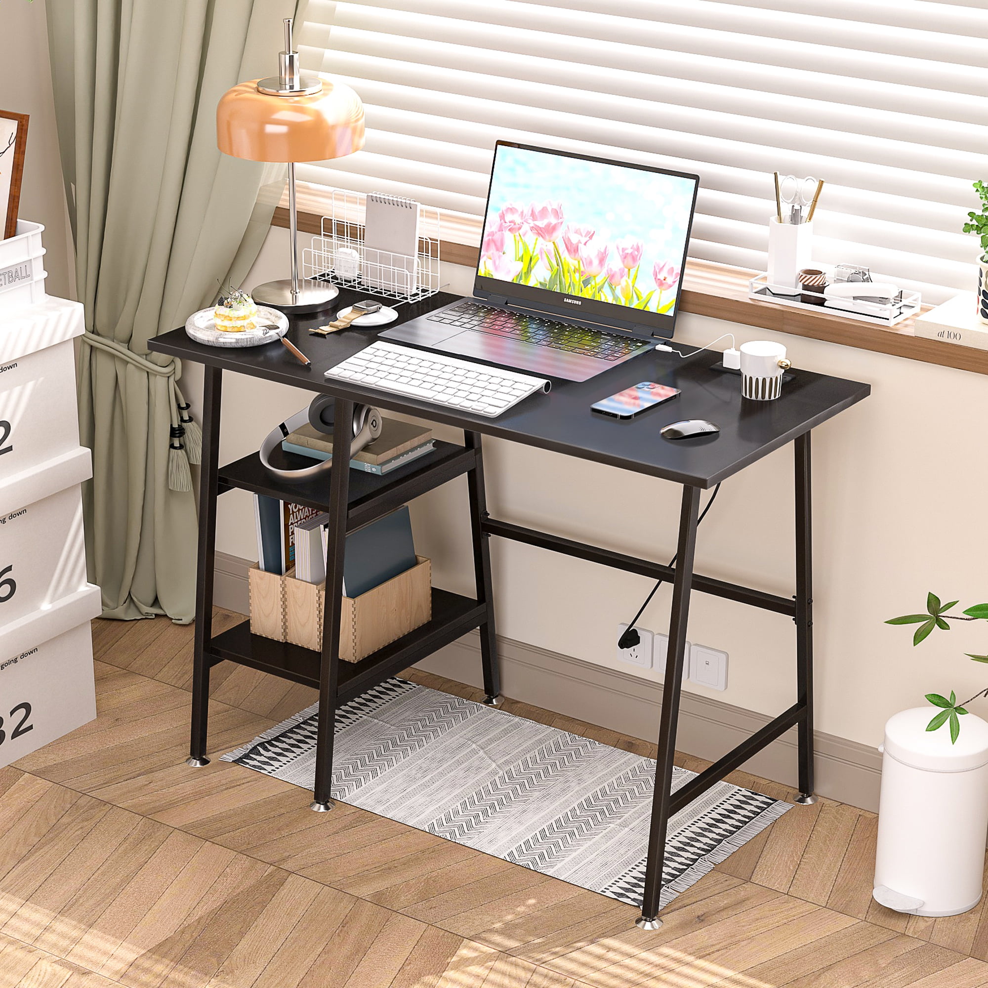 VECELO Computer Desk with Charging Station Outlets, 47" Writing Work ...
