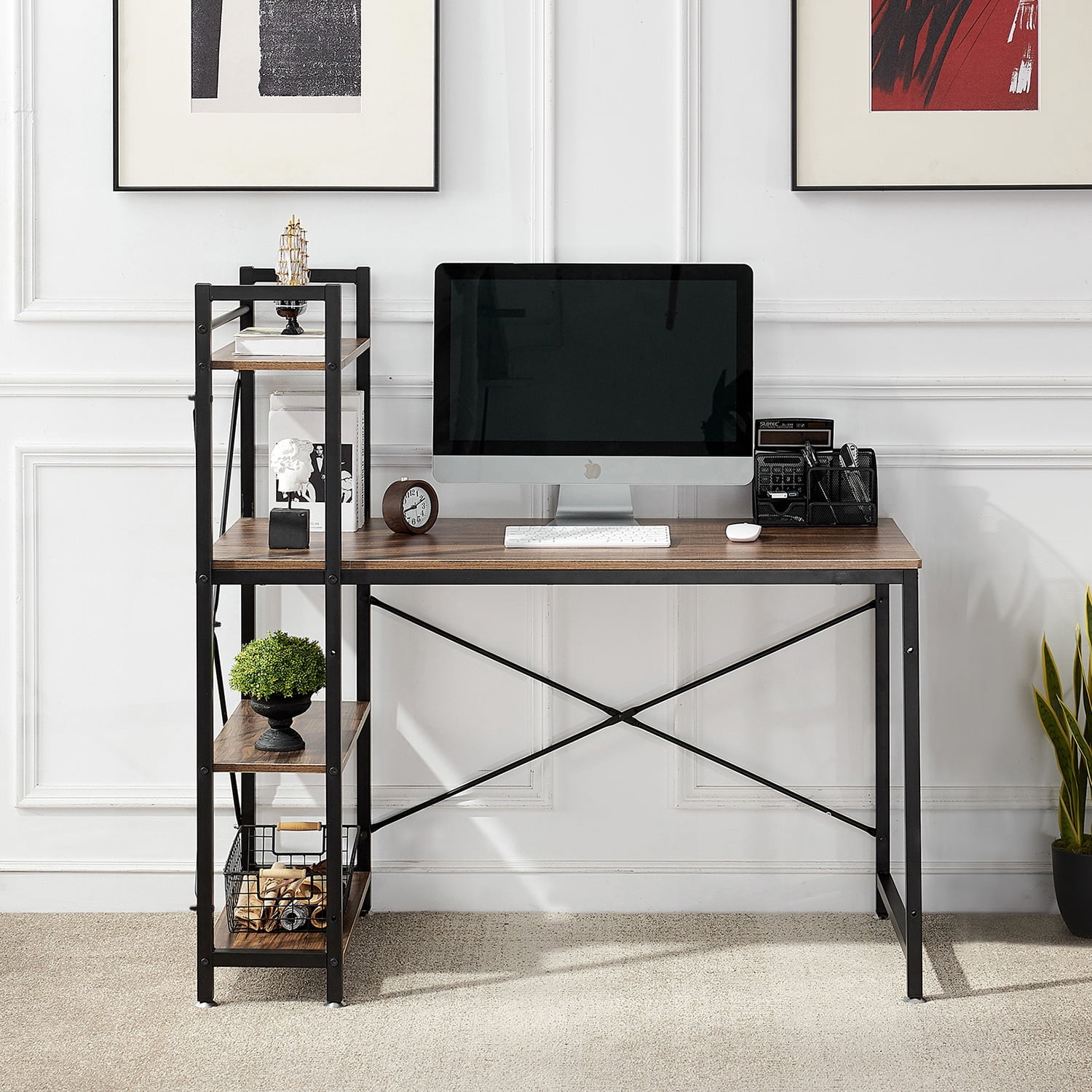 VECELO Computer Desk with Storage Shelves, Study Writing Gaming Table ...