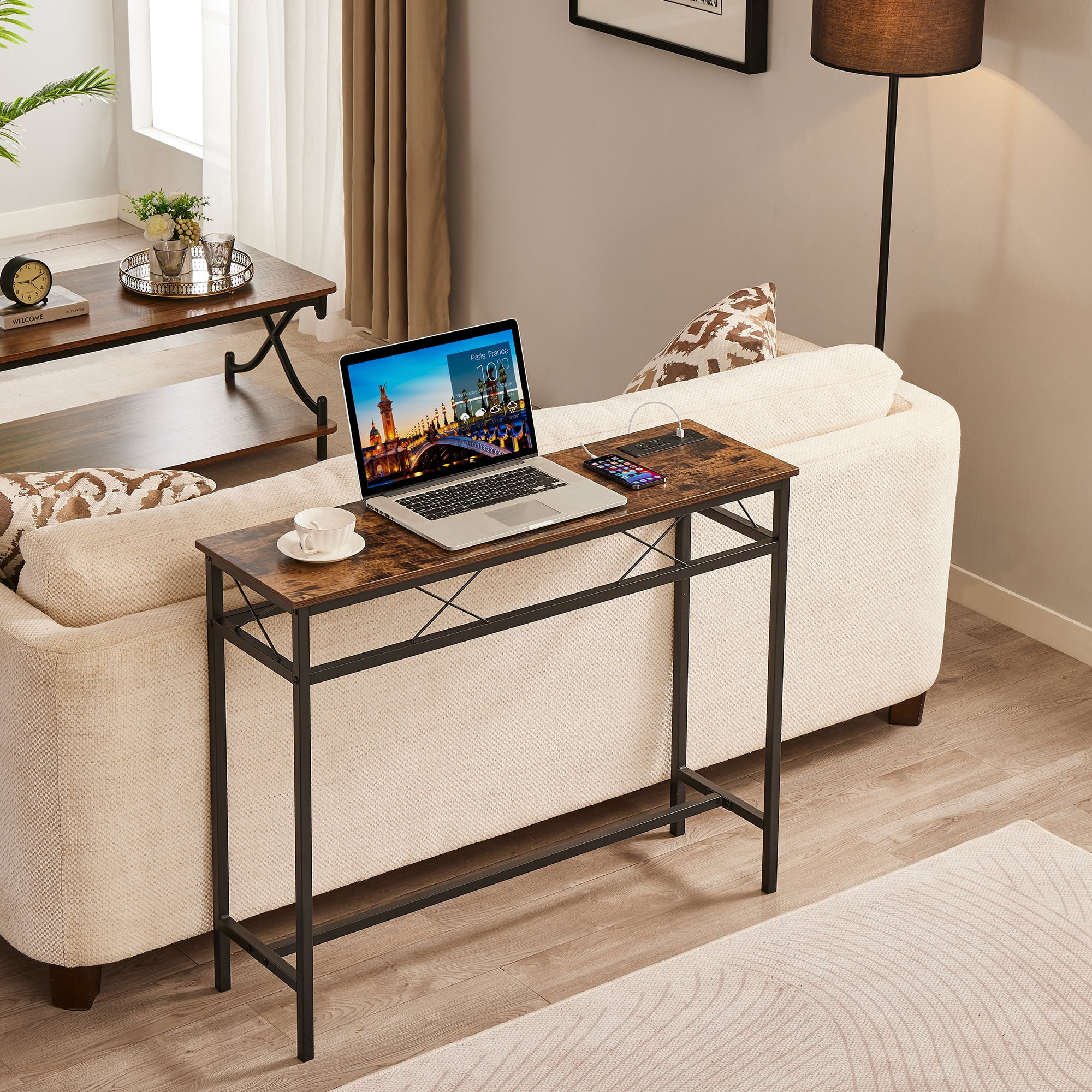 VECELO Console Table with Power Outlet & USB Port, 39.4" Narrow Sofa ...