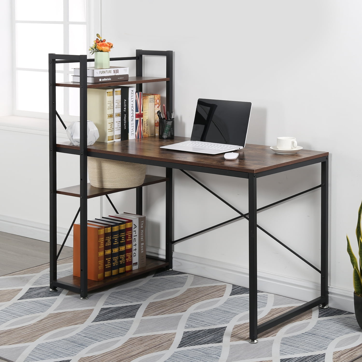 VECELO Contemporary Bookshelf Design Computer Home Office Writing Desk ...