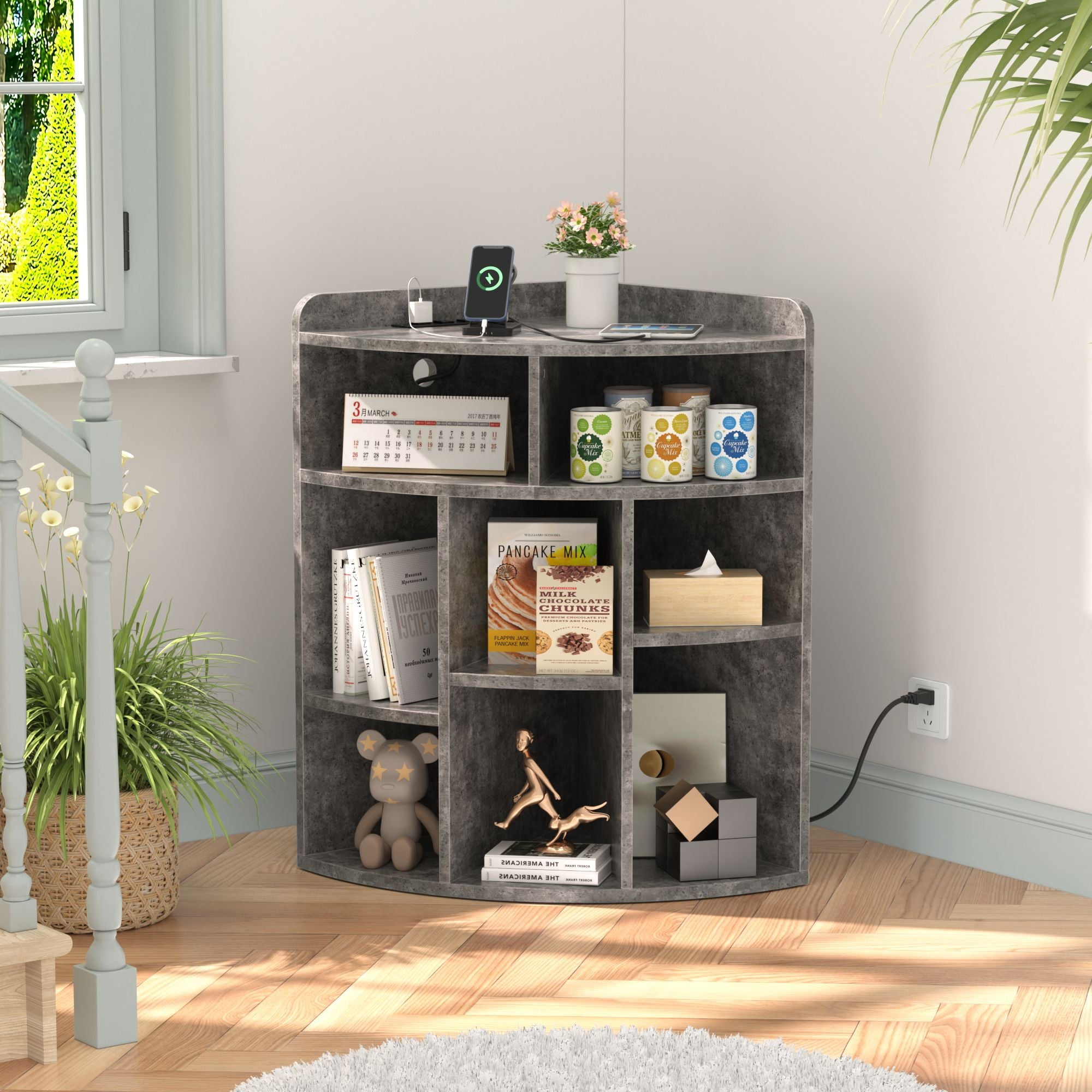 VECELO Corner Cabinet Storage with USB Ports and Outlets, Wooden Cubby ...