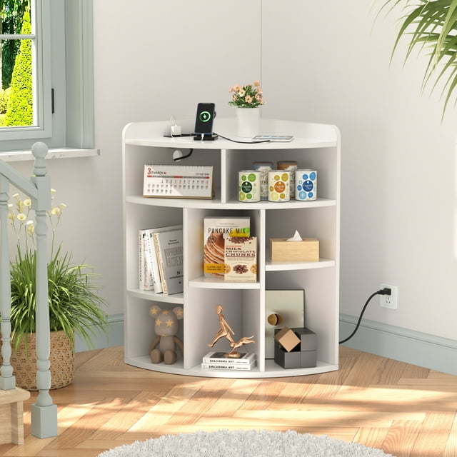 VECELO Corner Cabinet Storage with USB Ports and Outlets, Wooden Cubby ...