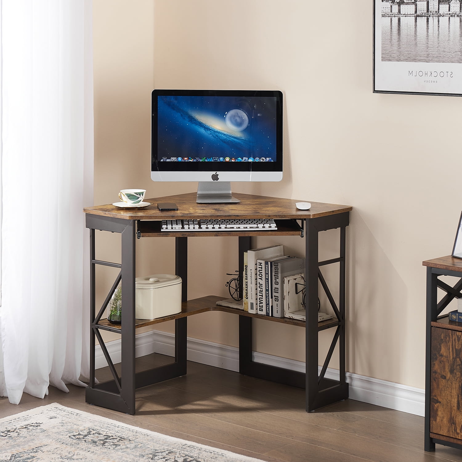 VECELO Corner Computer Desk with Keyboard Tray and Storage Shelf ...