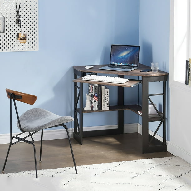 VECELO Corner Computer Desk with Keyboard Tray and Storage Shelf ...