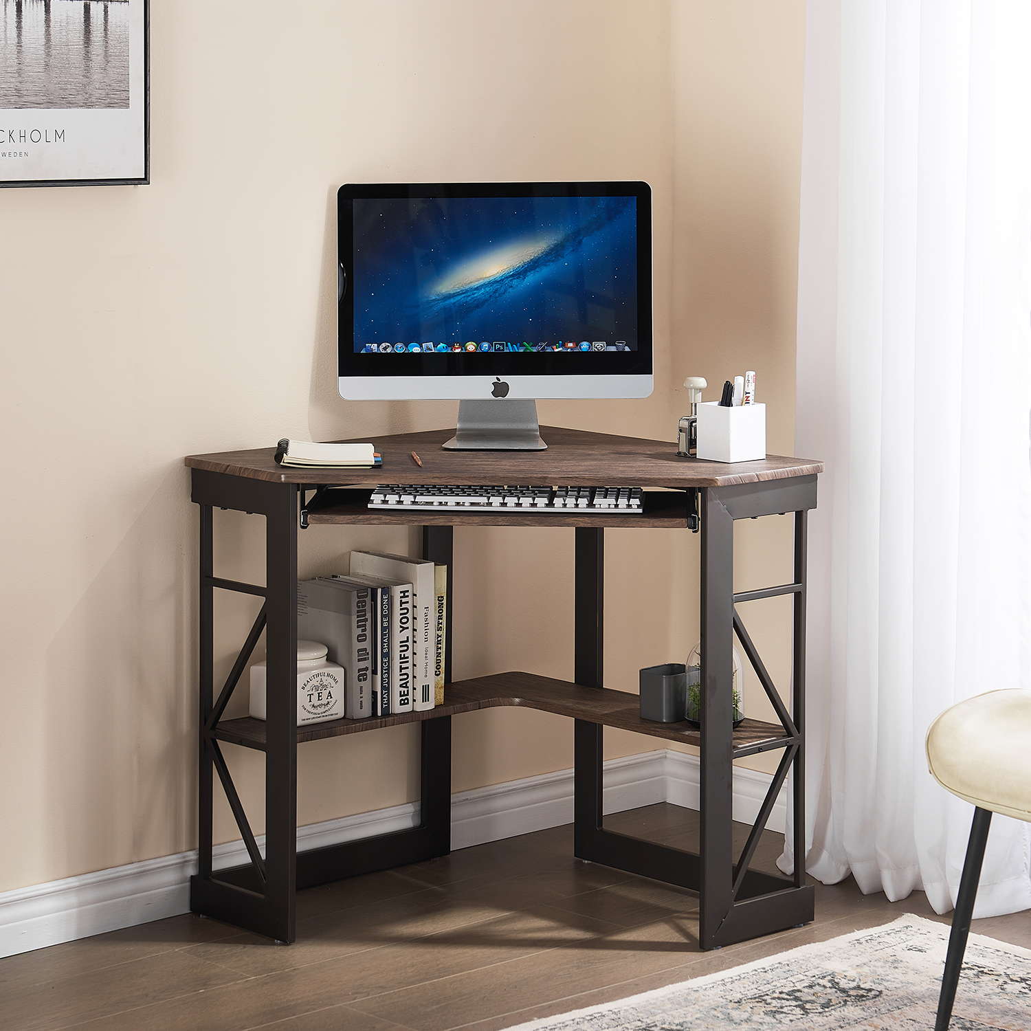 VECELO Corner Computer Desk with Keyboard Tray and Storage Shelf ...