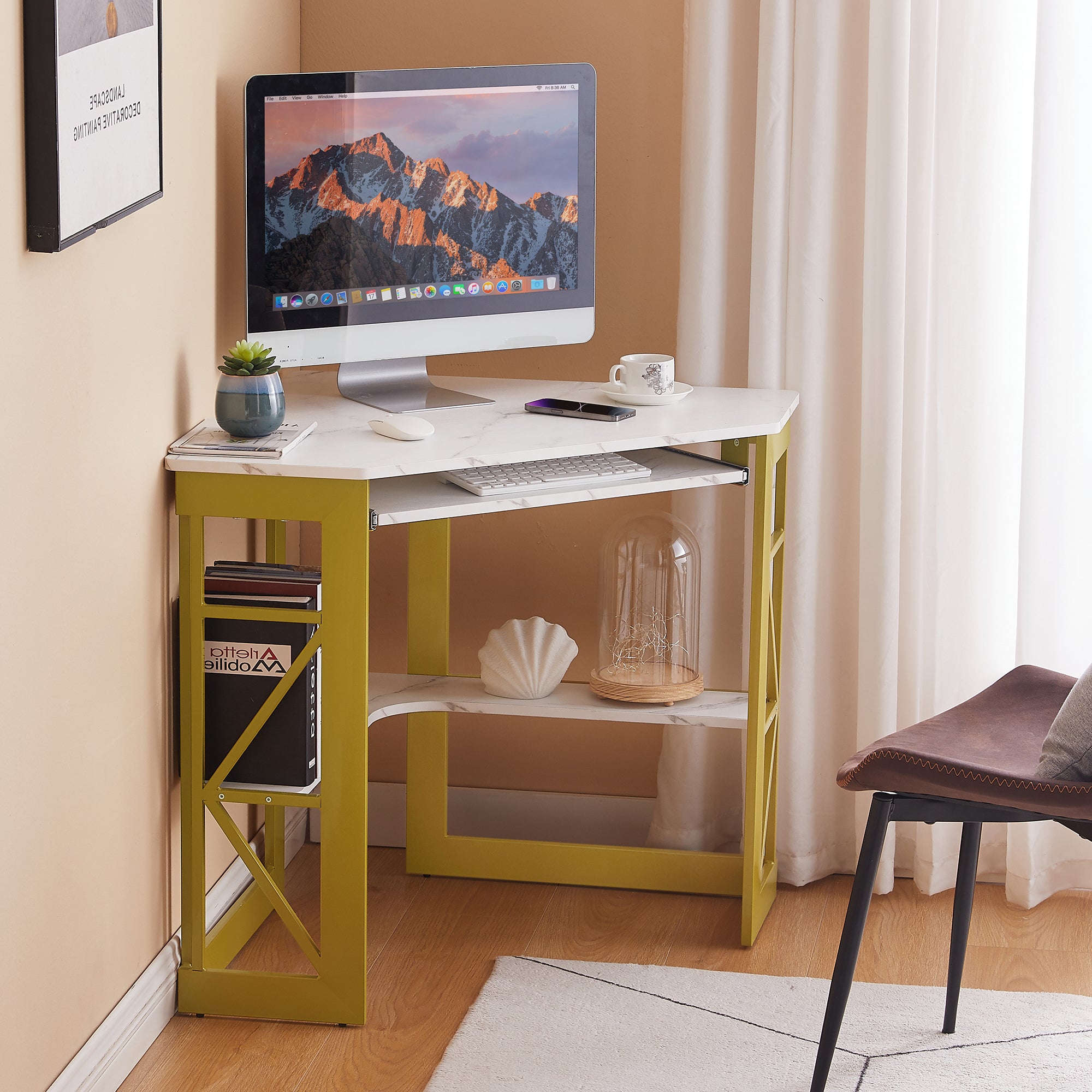 VECELO Gold Corner Computer Desk with Keyboard Tray, Storage Shelf ...