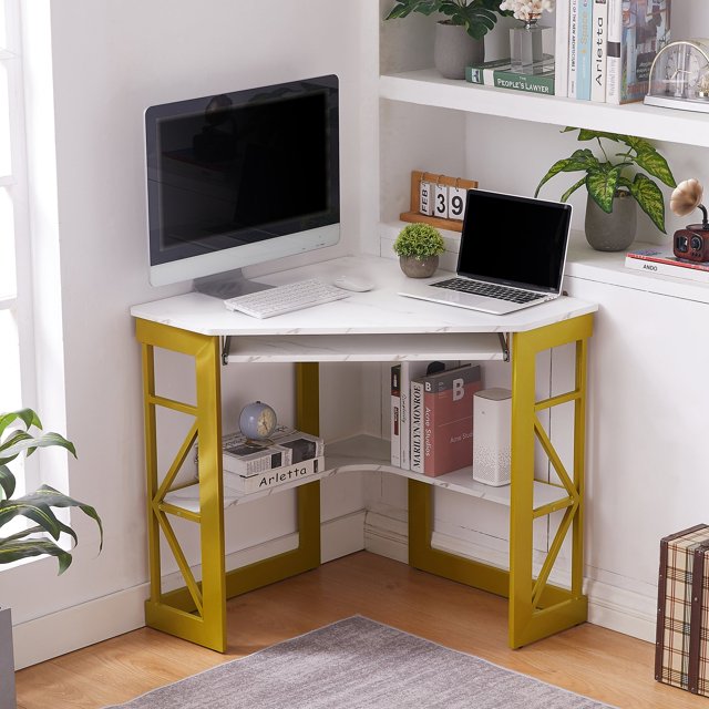 VECELO Corner Computer Desk with Keyboard Tray and Storage Shelf ...