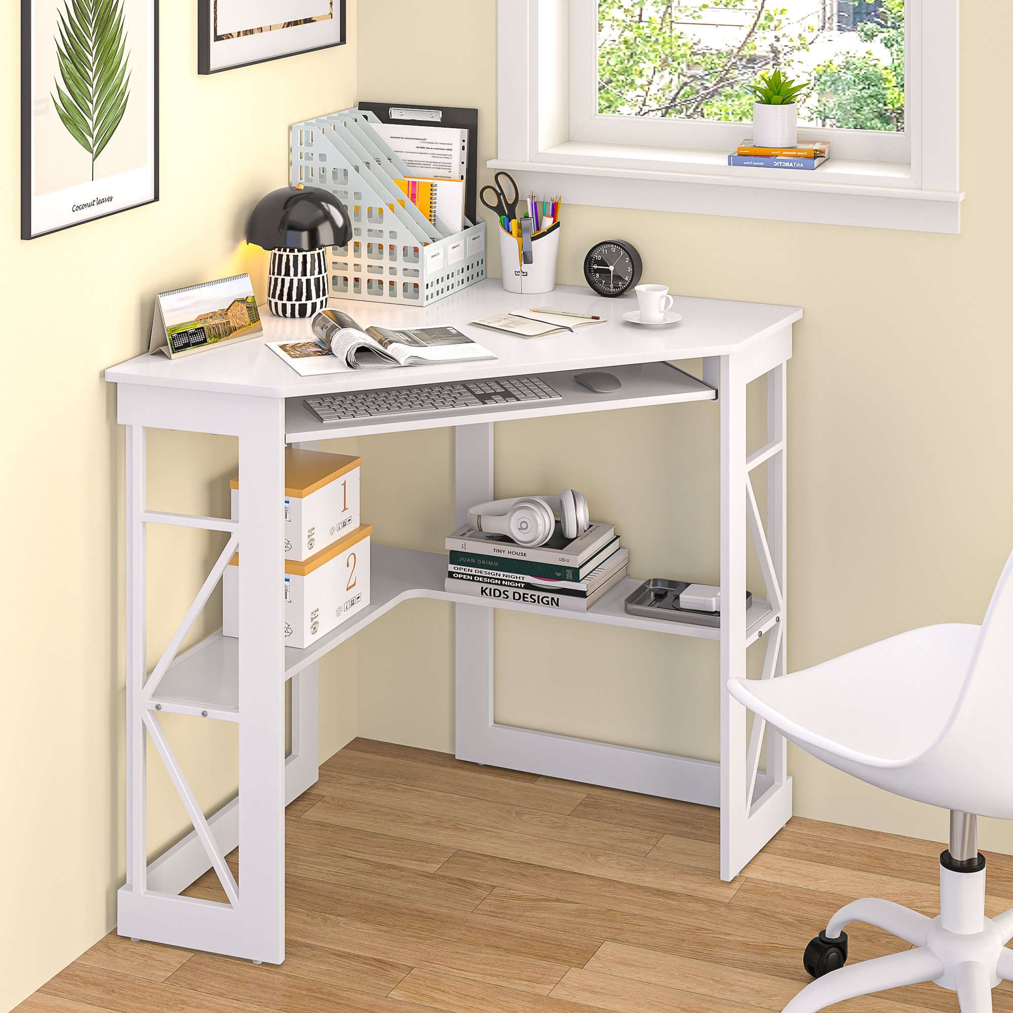 VECELO Corner Desk with Keyboard Tray & Storage Shelf, for Dorm/Home ...