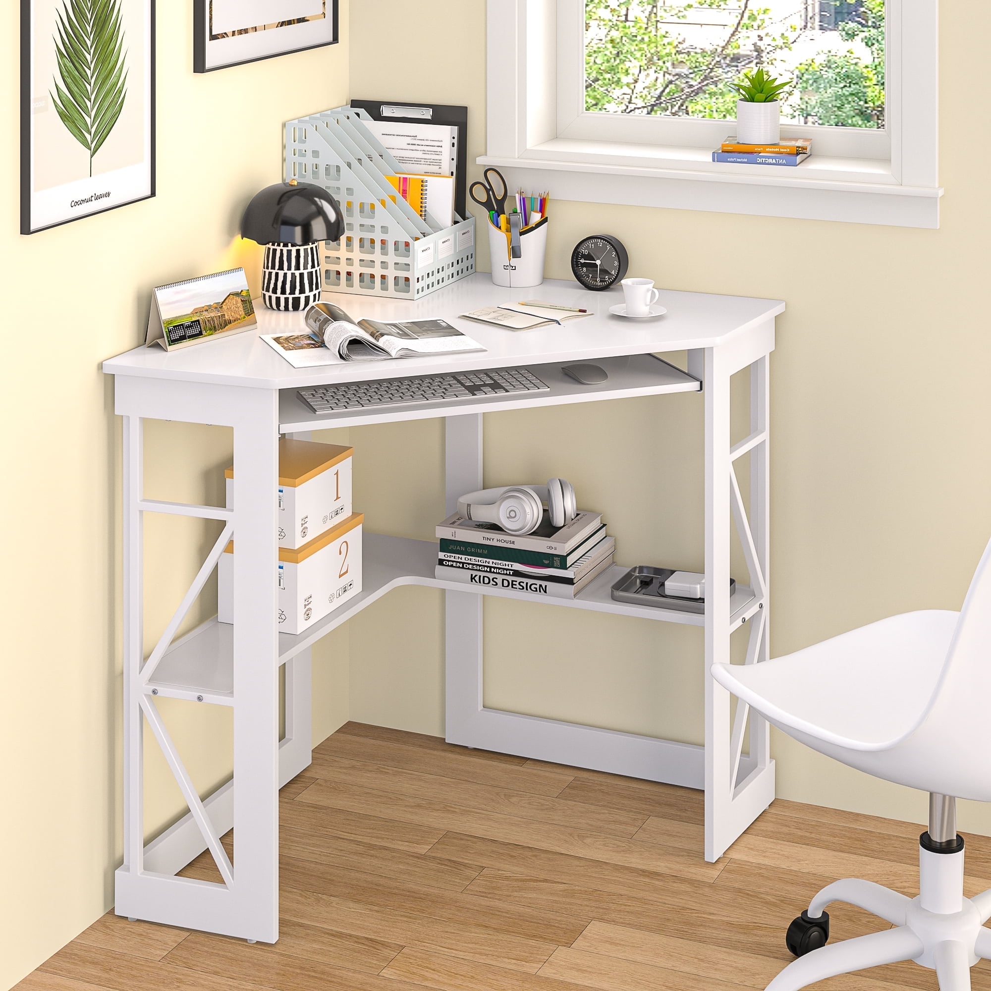VECELO Corner Desk with Keyboard Tray & Storage Shelf, for Dorm/Home ...