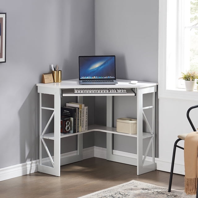 VECELO Corner Computer Desk with Keyboard Tray and Storage Shelf ...