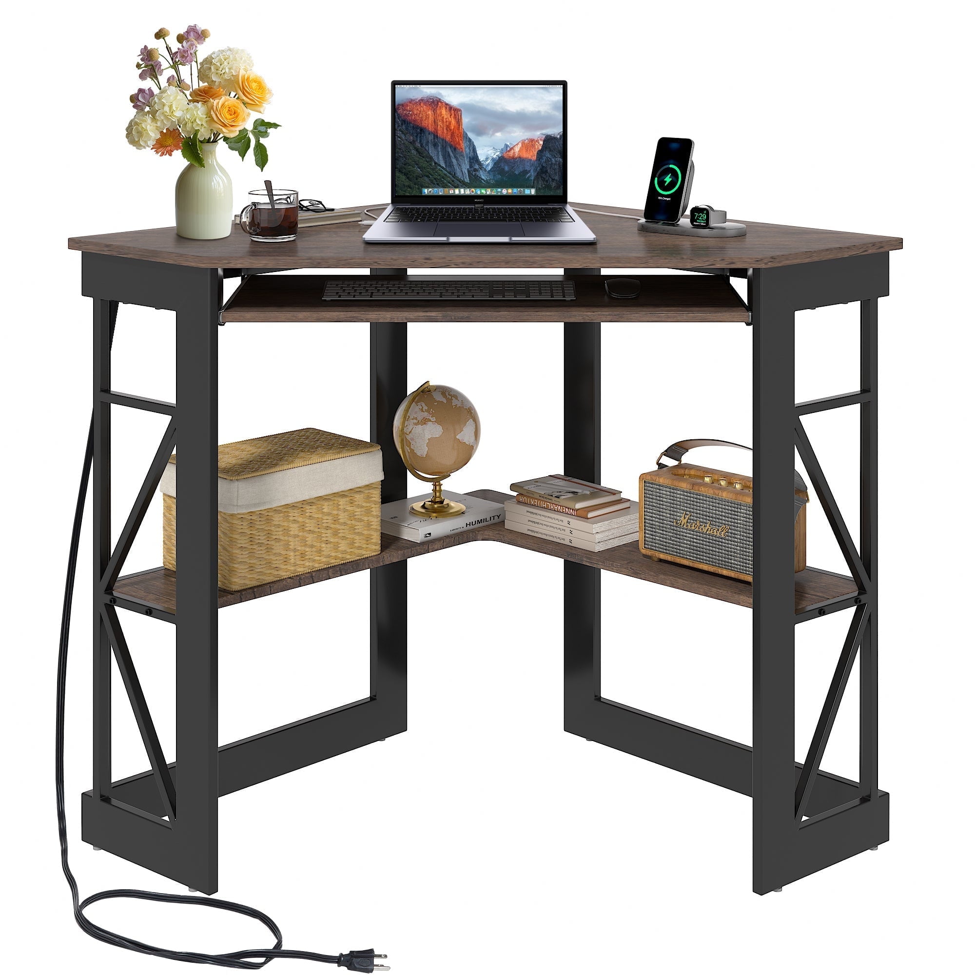 VECELO Corner Computer Desk with Charging Station, 90 Degree Triangle ...