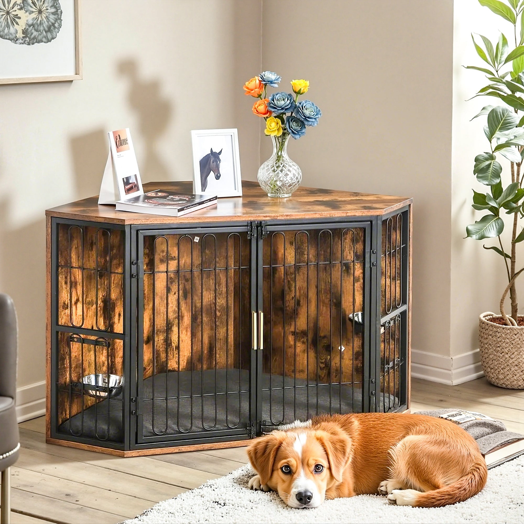 VECELO Corner Dog Crate Furniture, Wooden Dog Kennel End Table with ...