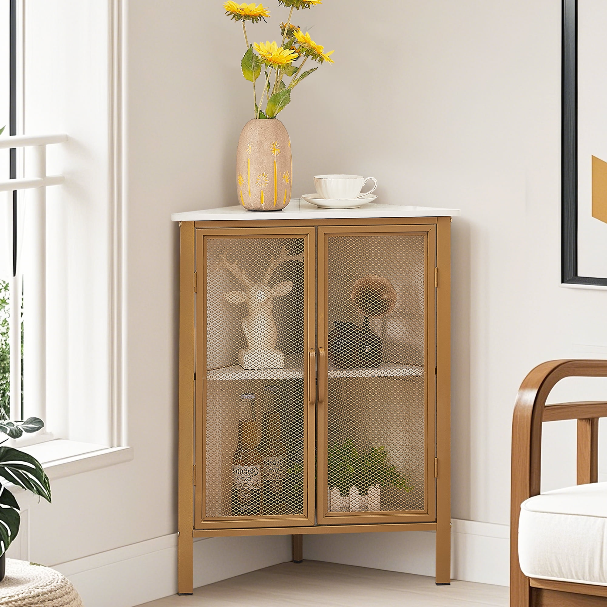 VECELO Corner Cabinet, Dual Door Wood Floor Triangle Storage with 3 ...