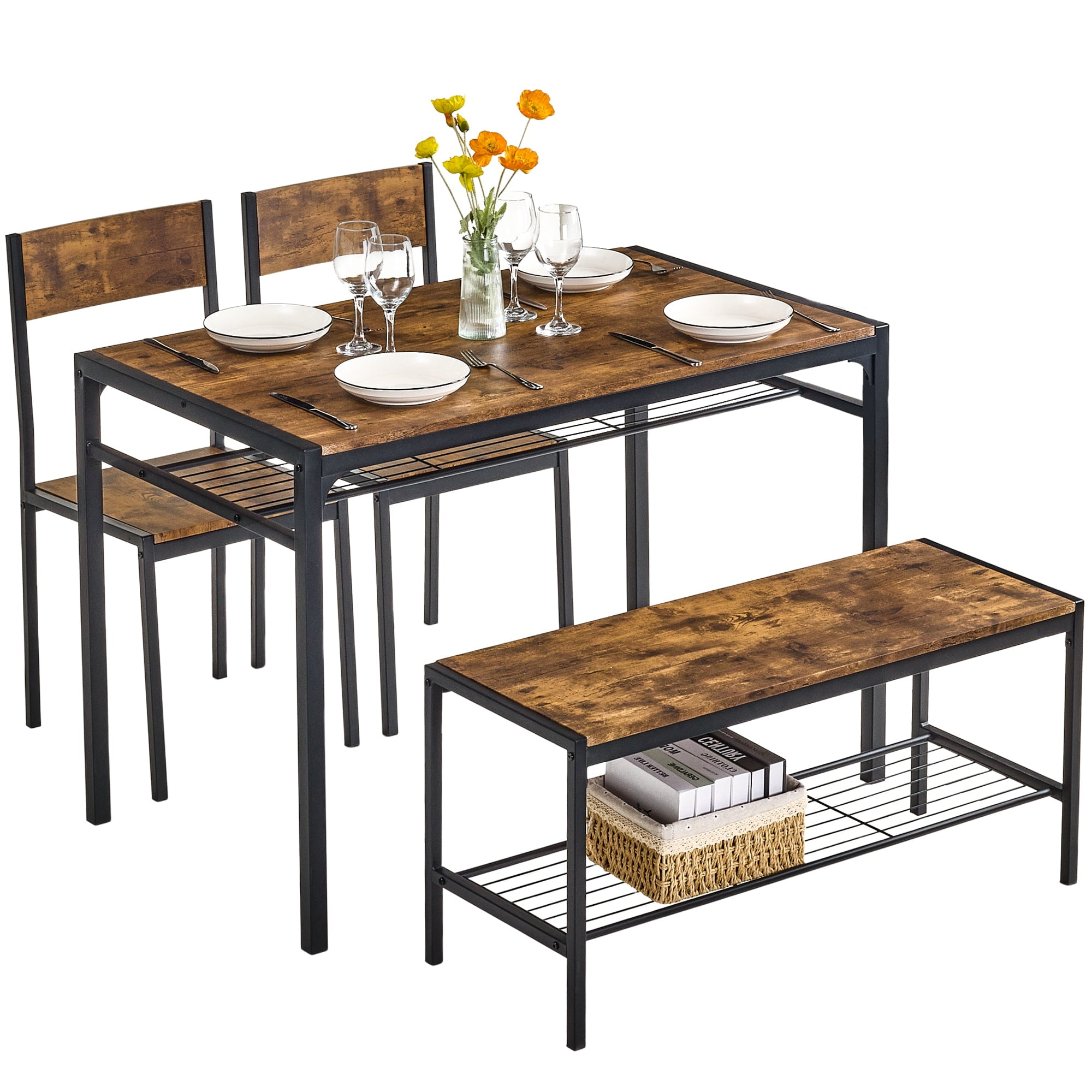 VECELO Dining Table Set for 4, Kitchen Table Set with Bench & 2 Chairs ...
