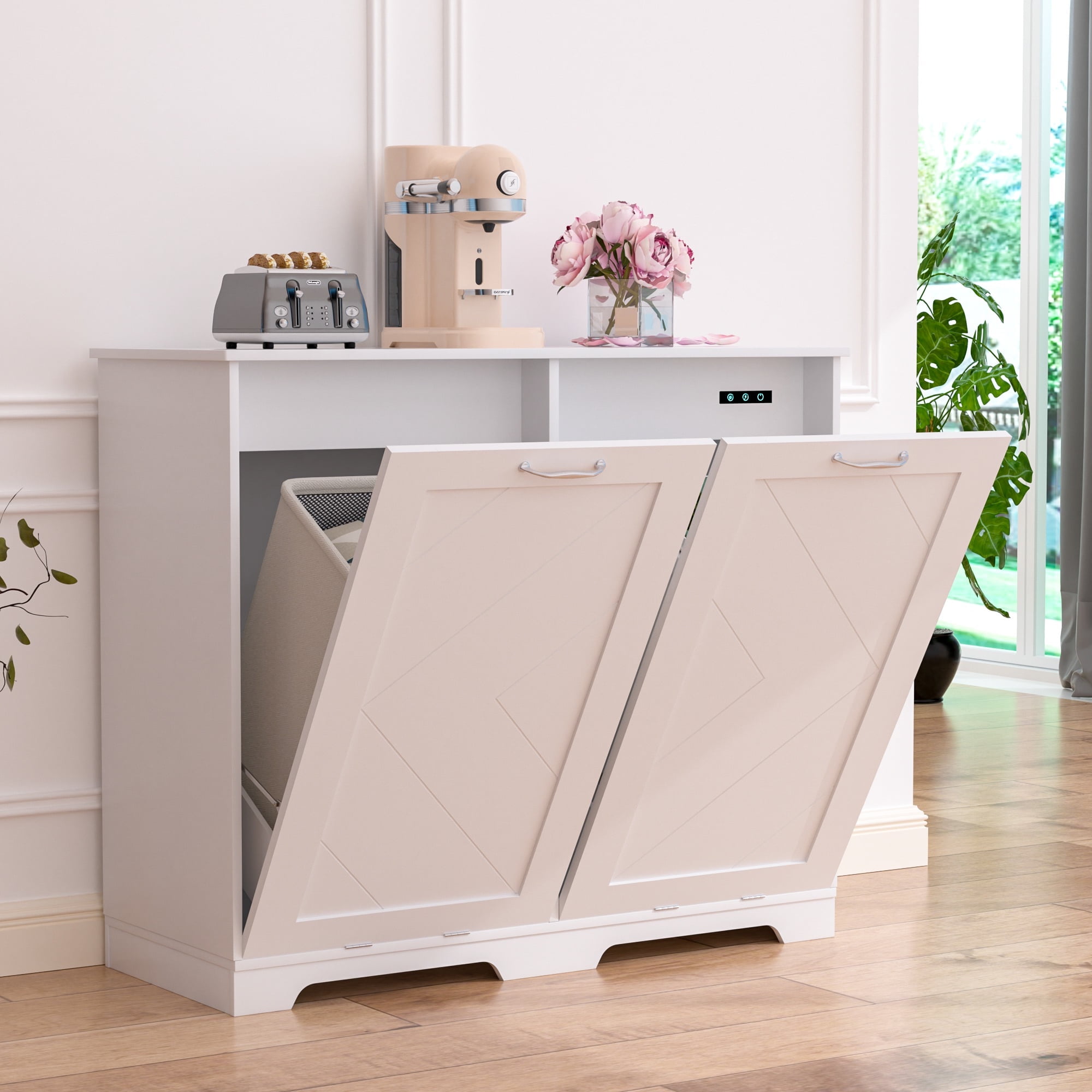 VECELO Freestanding Wooden Kitchen Trash Can Cabinet, Tilt Out Double ...