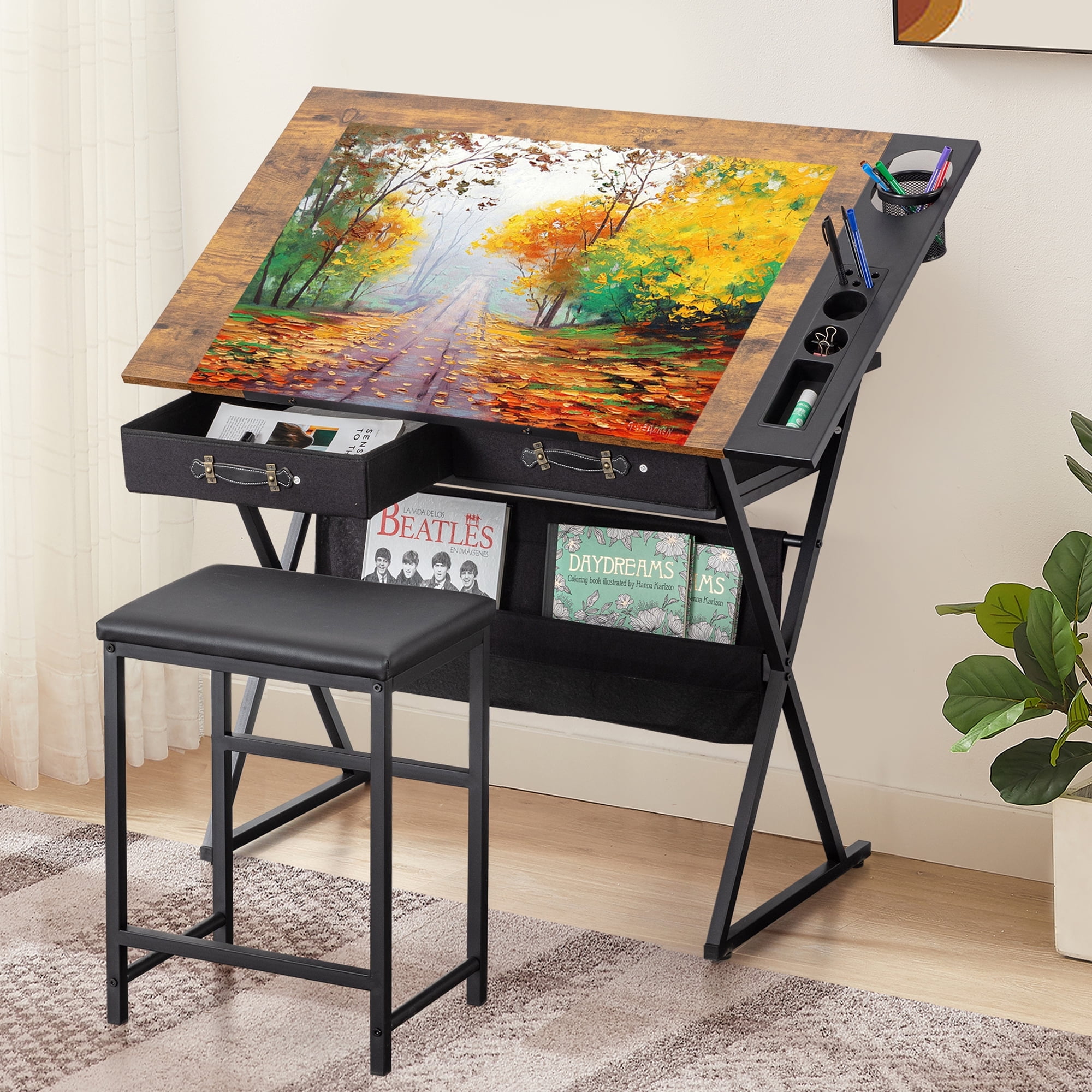 VECELO Drafting Table with Stool Set, Top Adjustable Desk Tilting ...