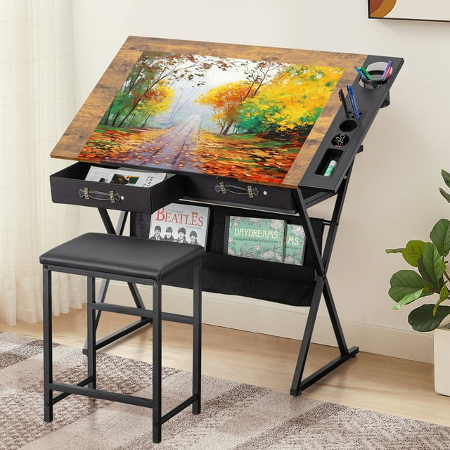 VECELO Drafting Table with Stool Set, Top Adjustable Desk Tilting ...