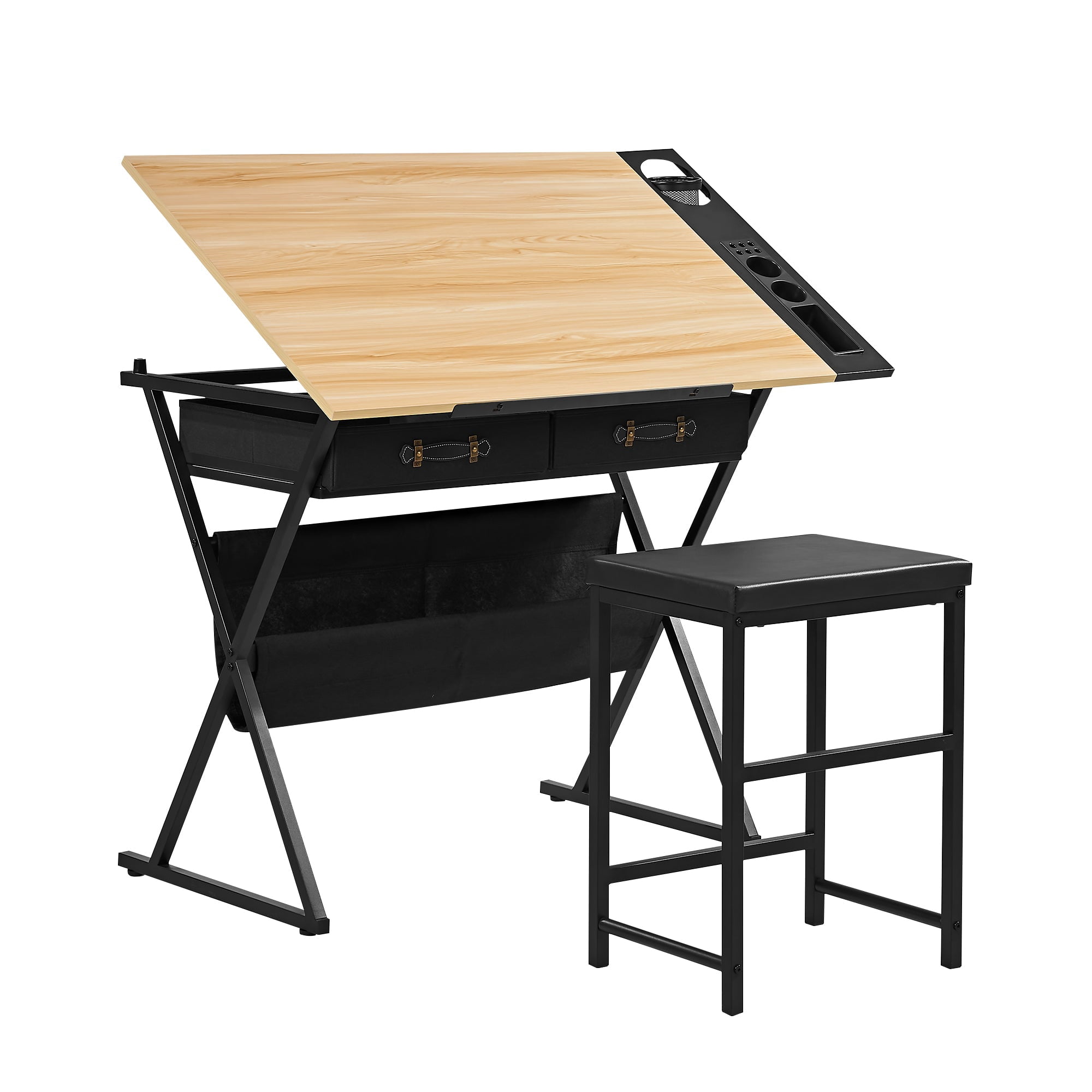 VECELO Drafting Table with Stool Set, Top Adjustable Desk Tilting ...